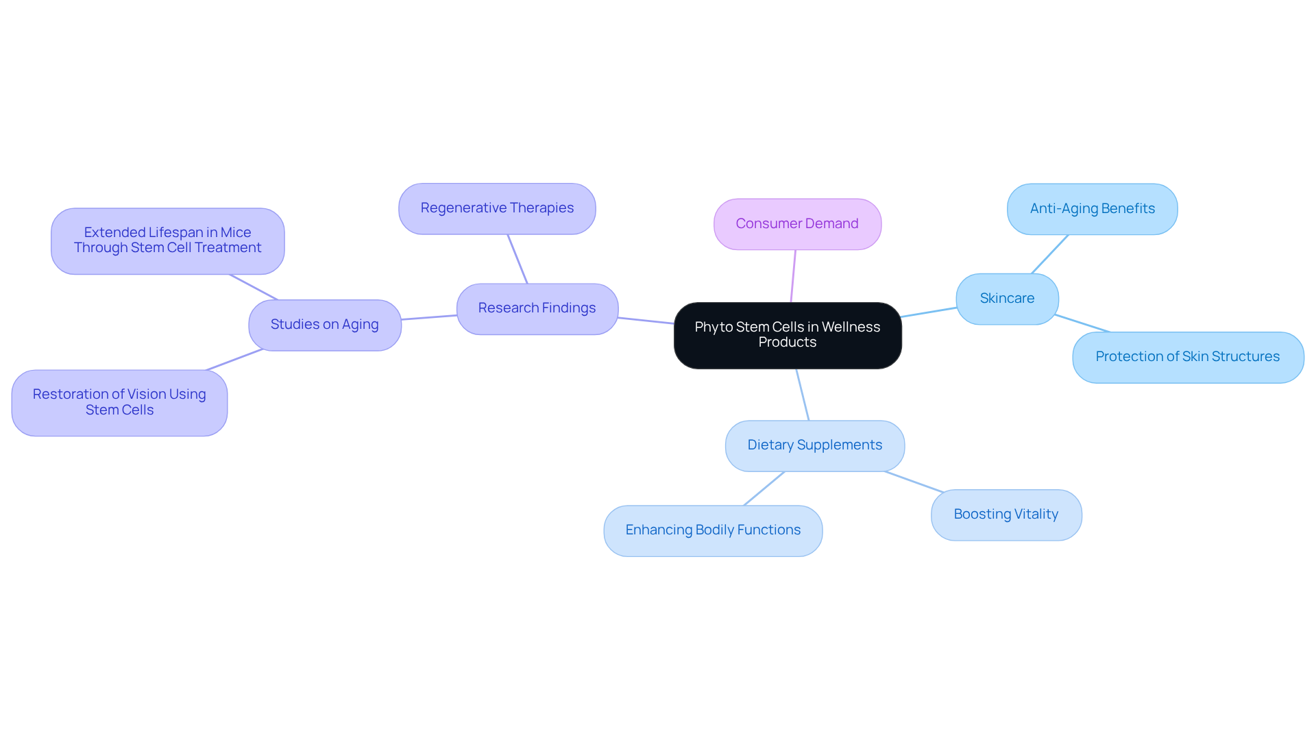 This mindmap starts with the main topic of phyto stem cells and branches out into various applications and benefits. Each branch represents a different aspect of how these cells are used in wellness products, making it easy to see how they contribute to health and beauty.