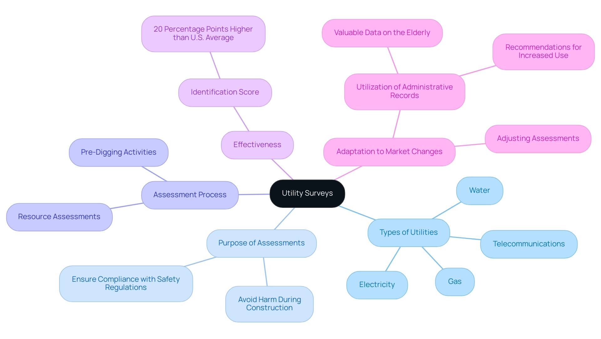 The central node represents utility surveys; branches denote key aspects such as types, purposes, processes, effectiveness, and market adaptation.