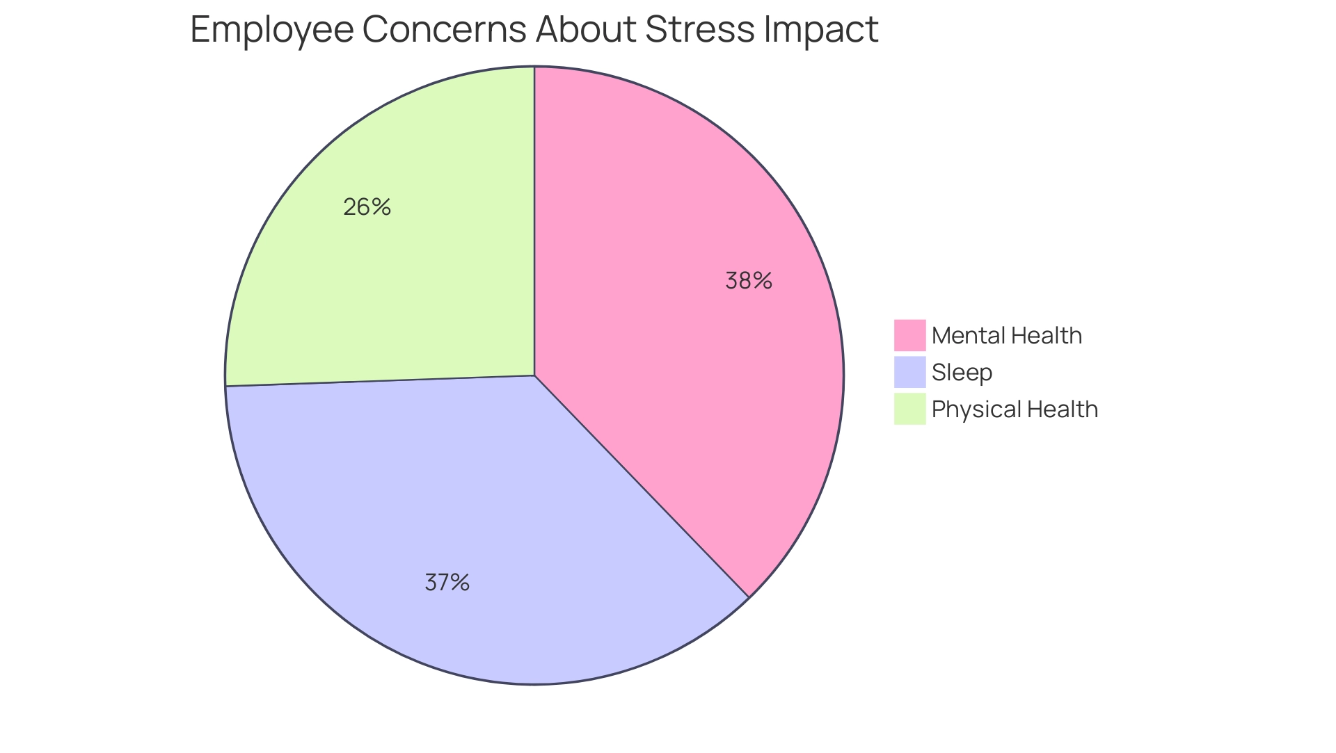 Each segment represents a category of concern: Mental Health (34%), Sleep (33%), and Physical Health (23%). The size of each slice indicates the percentage of employees reporting concerns in these areas.