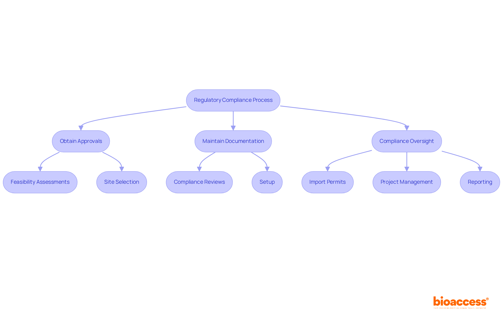 Each box represents a key step in the regulatory compliance process and the services provided by bioaccess®. Follow the arrows to understand how these steps connect to support successful medical research.