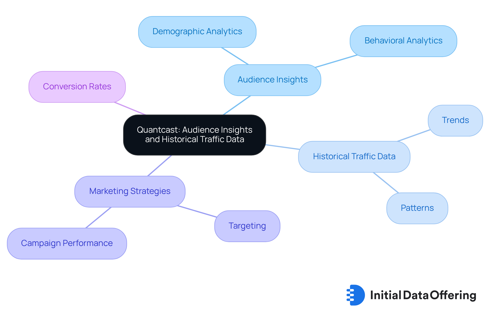The central node represents Quantcast's capabilities, while the branches show how audience insights and traffic data influence marketing strategies and conversion rates. Each color-coded branch helps you see the connections and importance of each aspect. The central node represents Quantcast's capabilities, while the branches show how audience insights and traffic data influence marketing strategies and conversion rates. Each color-coded branch helps you see the connections and importance of each aspect.