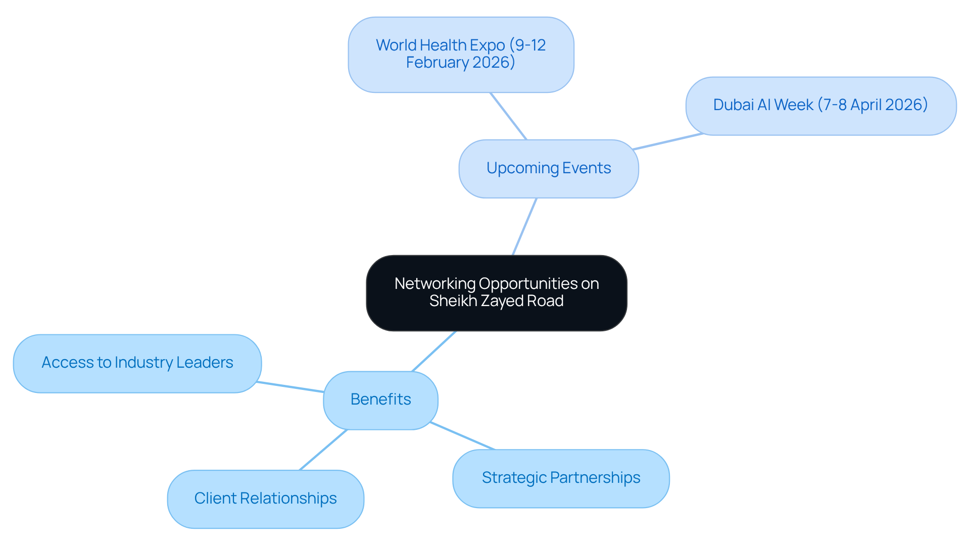 The center shows the main theme of networking, while branches highlight the benefits and key events. Each branch represents how these opportunities can help businesses grow and connect.