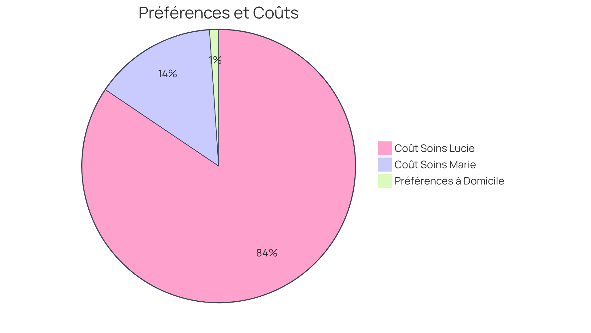 Ce graphique montre la répartition des préférences des aînés pour les soins à domicile par rapport aux résidences, ainsi que les coûts associés aux services à domicile. Plus la section est grande, plus le pourcentage ou le coût est élevé.