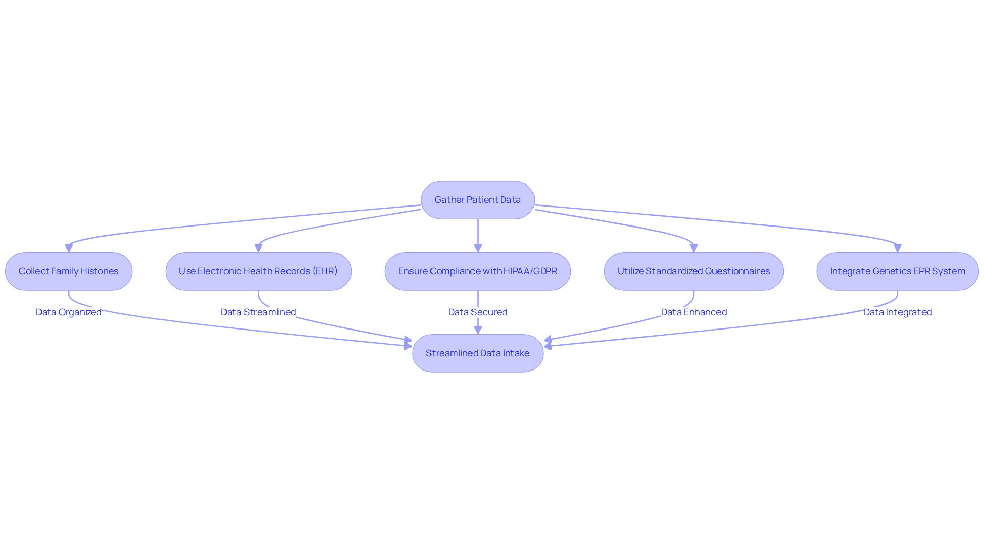This flowchart outlines the steps practitioners should take to gather and organize patient data effectively. Each box represents a key action in the process, and the arrows show how these actions connect to create a streamlined data intake for software use.