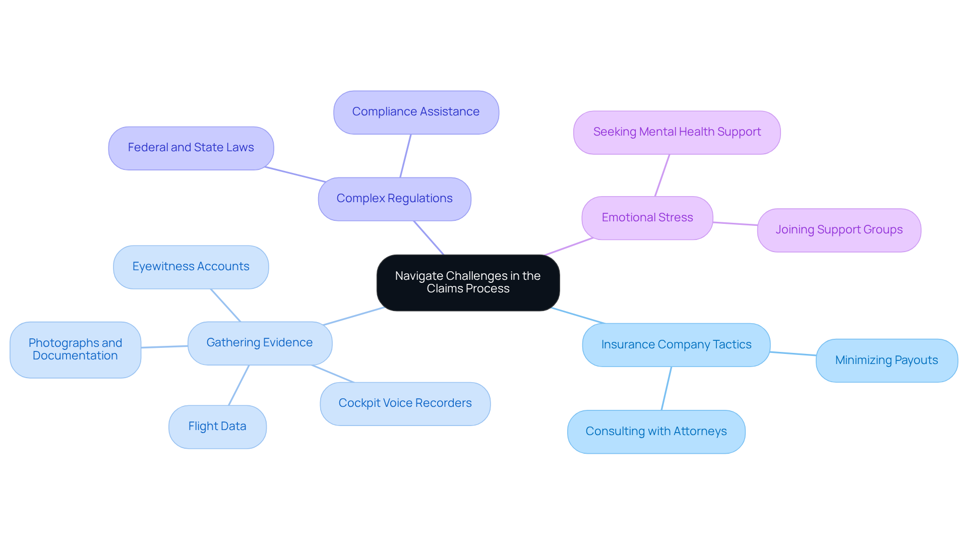 The center represents the main challenge of navigating the claims process, while each branch highlights specific issues you may face. Follow the branches to explore each challenge and understand how they relate to your overall journey.
