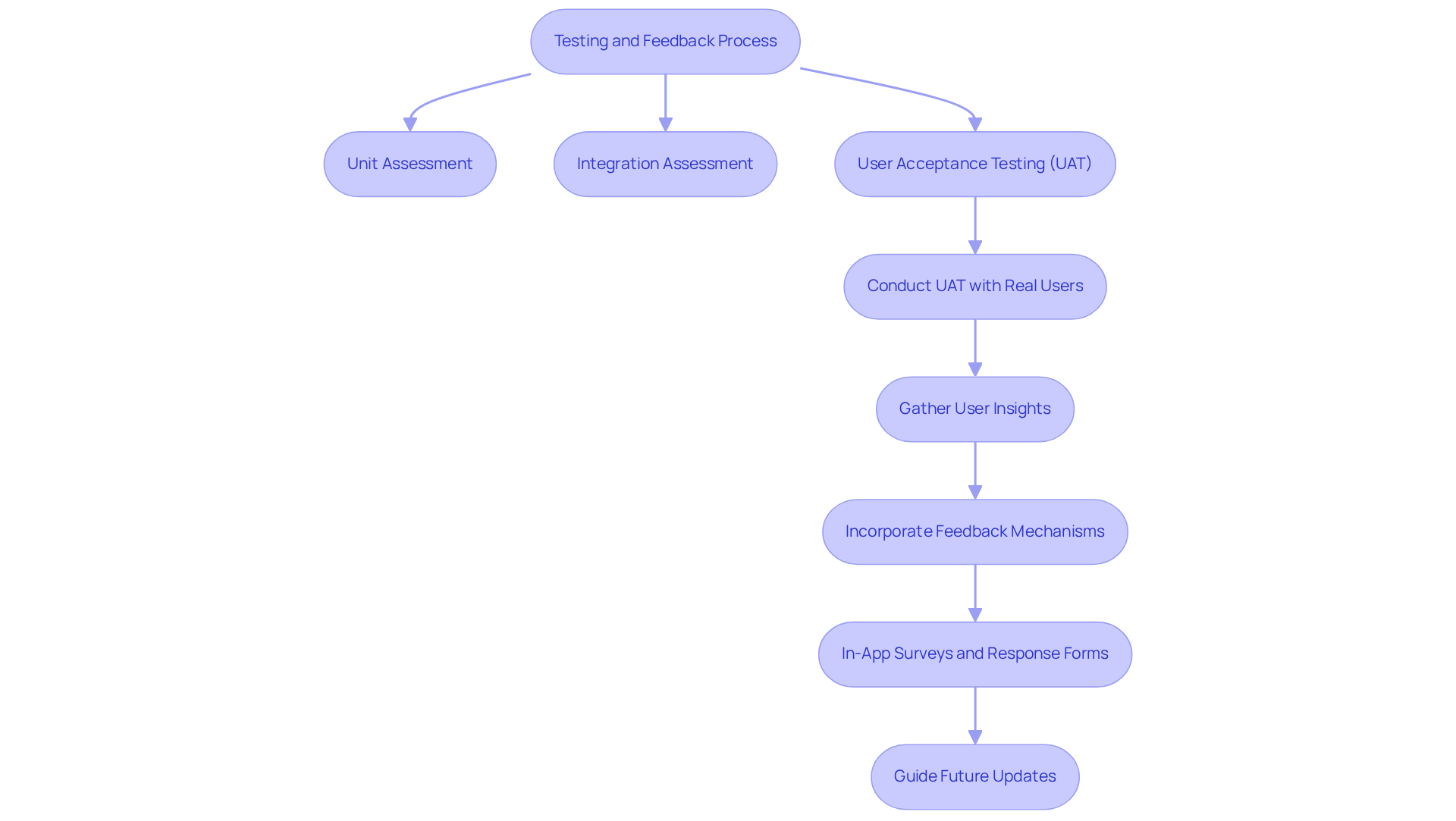 This flowchart illustrates the steps involved in testing and gathering user feedback for software development. Each box represents a key stage in the process, showing how they connect to ensure the software meets user needs and maintains quality.