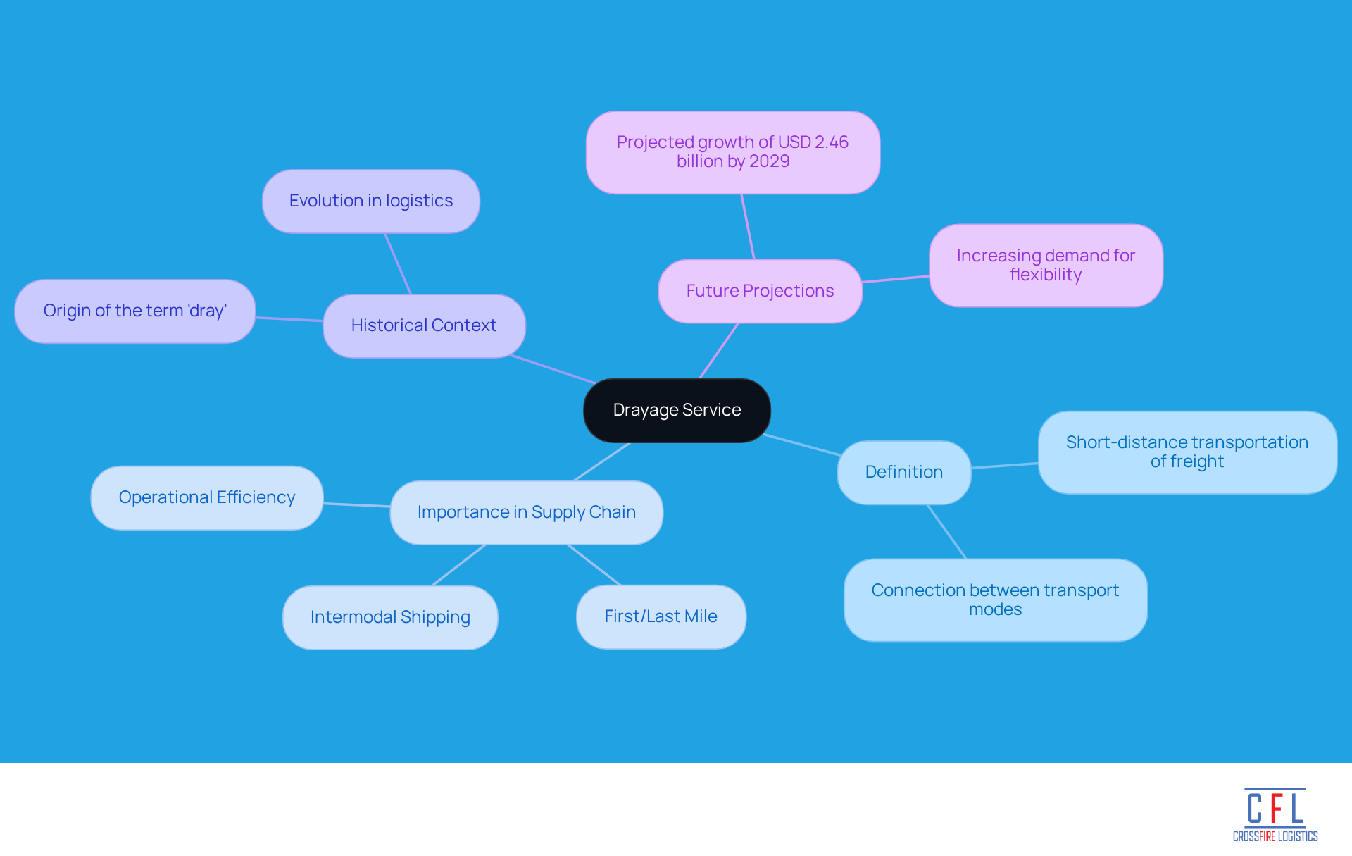 The central node represents drayage service, with branches showing its definition, significance, history, and future outlook. Each branch helps you explore different facets of drayage in logistics.
