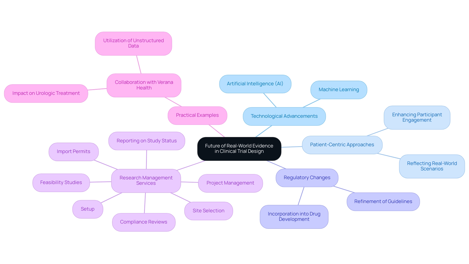 Main branches represent key themes: Technology (blue), Patient-Centric Approaches (green), Regulatory Changes (orange), Research Services (purple), Practical Examples (red). Sub-branches detail specific elements under each theme.