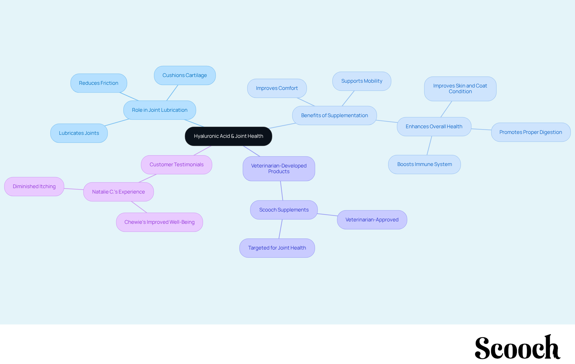 The center represents the main topic of hyaluronic acid and joint health. The branches show related benefits and aspects of the supplements, while sub-branches provide further details and insights, helping you navigate through the information.