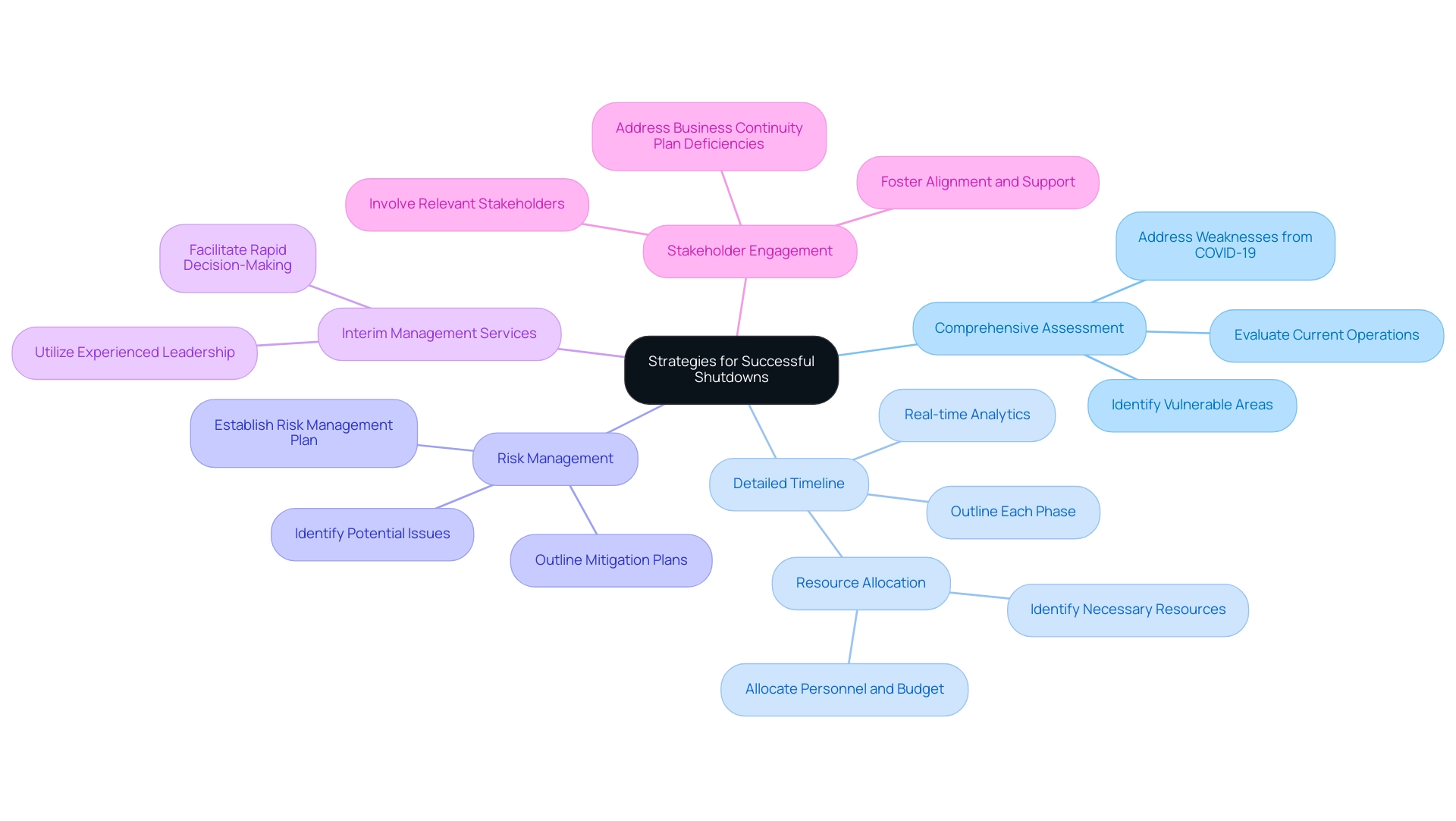 The central node represents the overall theme of planning strategies, with branches showing the main strategies and their respective sub-components.