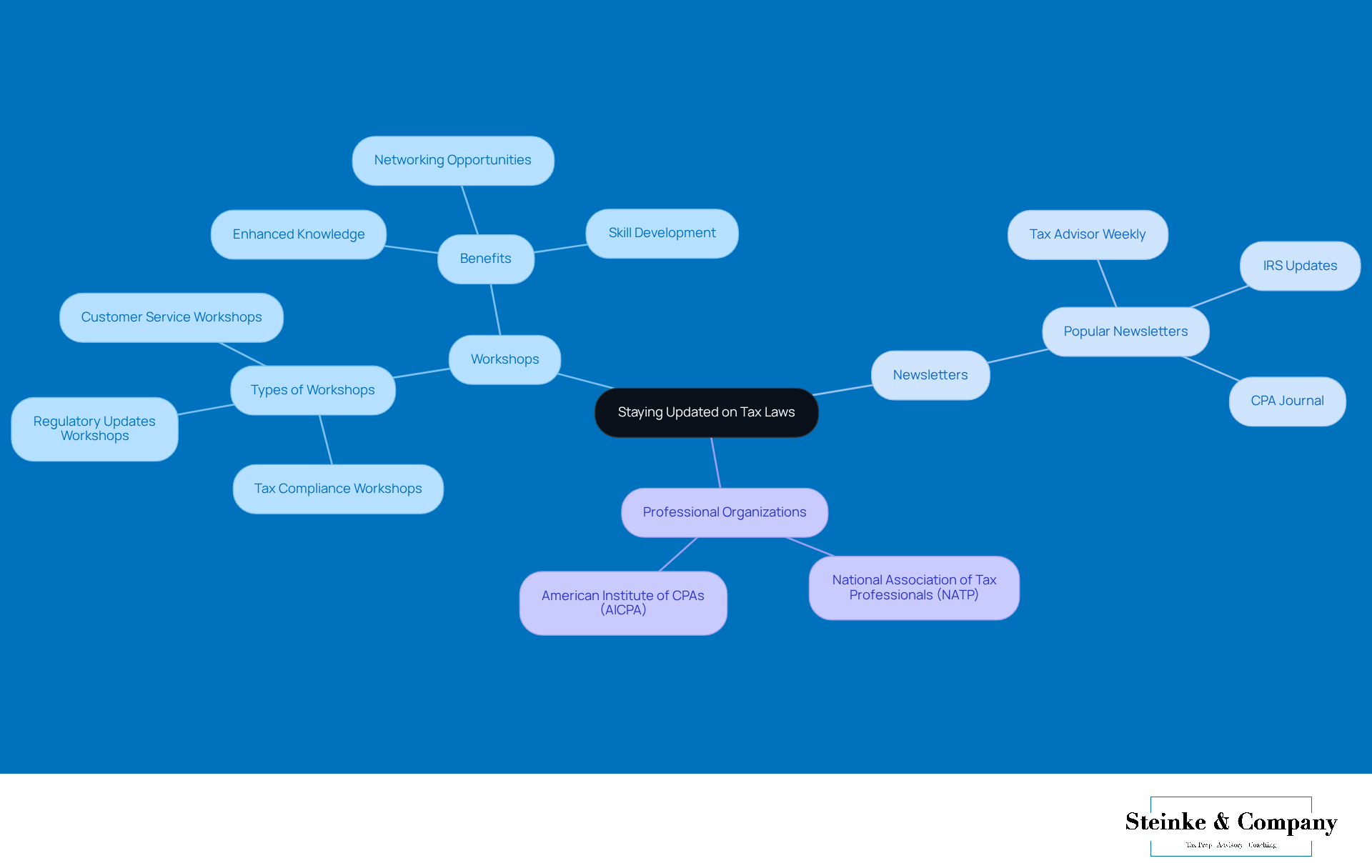 The center represents the main theme of staying updated, with branches highlighting different educational methods. Each color-coded section shows how tax professionals actively engage in learning to stay ahead in their field.