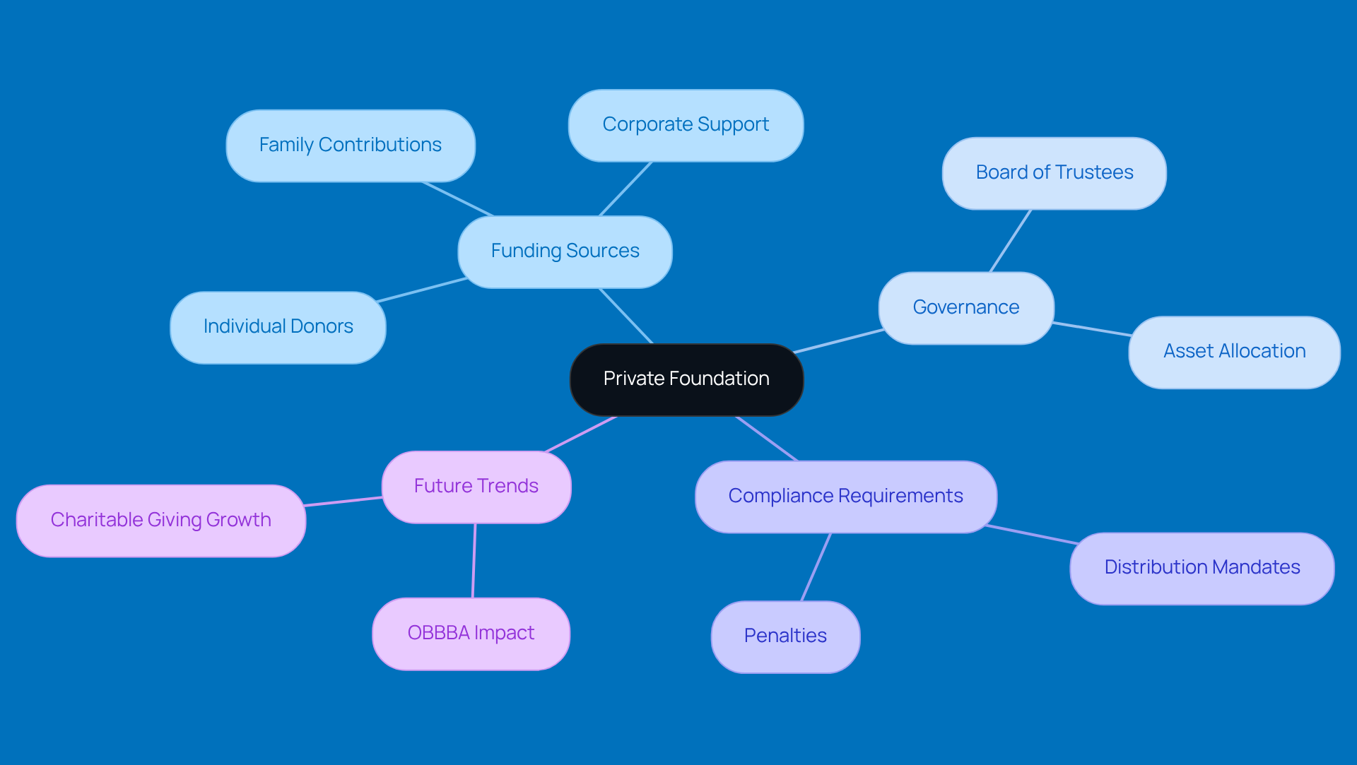 The center represents private foundations, and the branches show different aspects like how they are funded, how they are governed, and what regulations they must follow. Each branch helps you explore a specific area related to private foundations. The center represents private foundations, and the branches show different aspects like how they are funded, how they are governed, and what regulations they must follow. Each branch helps you explore a specific area related to private foundations.