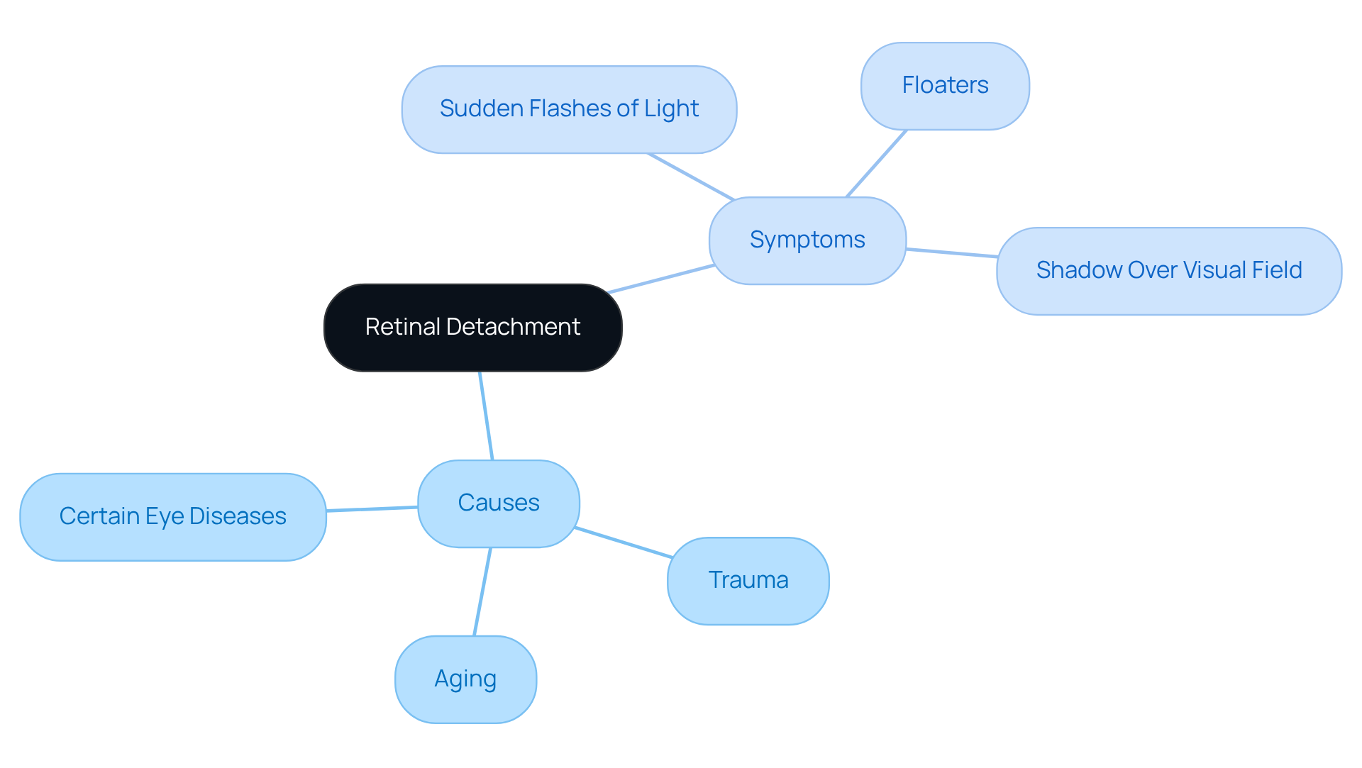 The center shows the main topic, retinal detachment, while the branches illustrate its causes and symptoms. Each branch helps you understand what leads to this condition and what signs to look out for. The center shows the main topic, retinal detachment, while the branches illustrate its causes and symptoms. Each branch helps you understand what leads to this condition and what signs to look out for.
