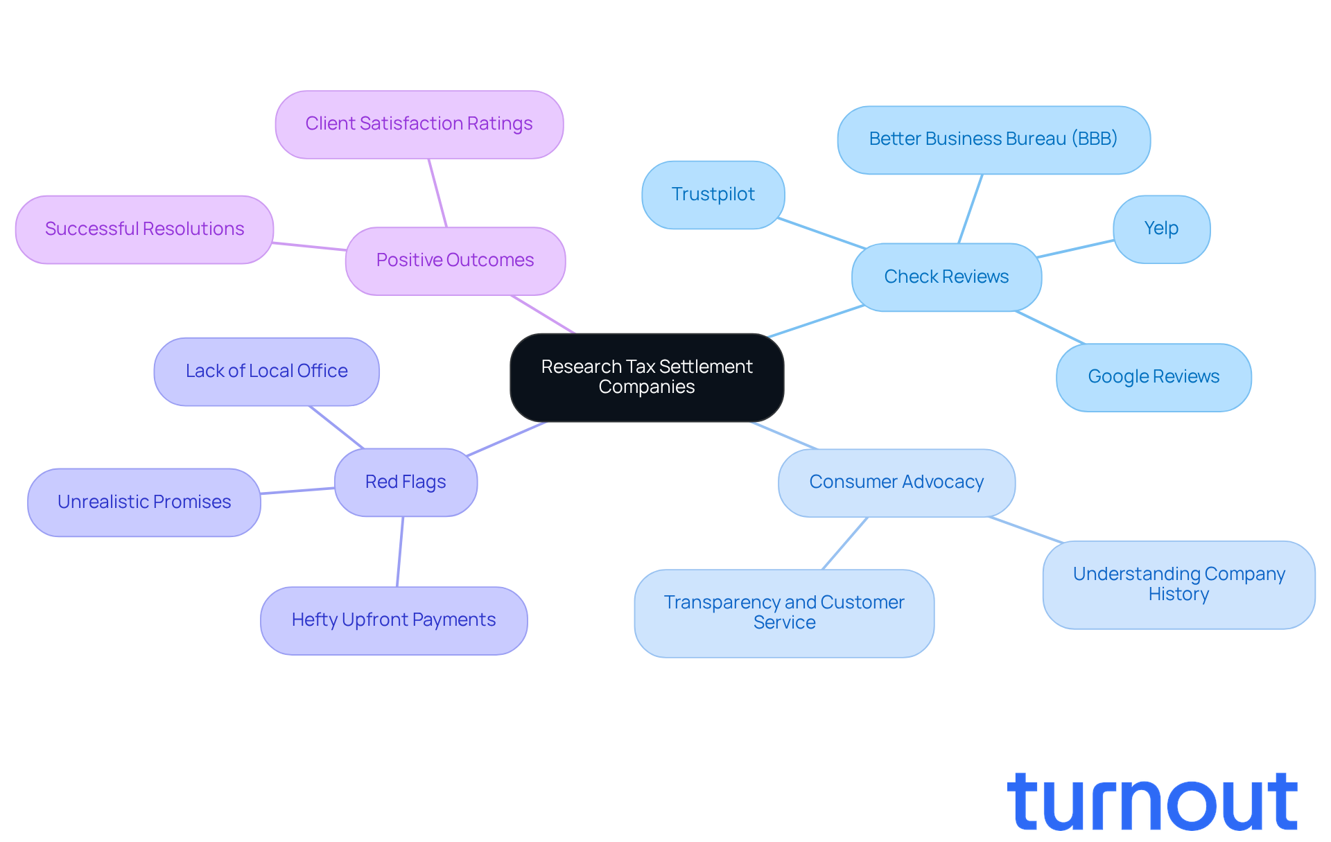 Start at the center with the main idea of researching tax companies. Follow the branches to explore important factors like reviews and warnings, helping you make informed decisions.