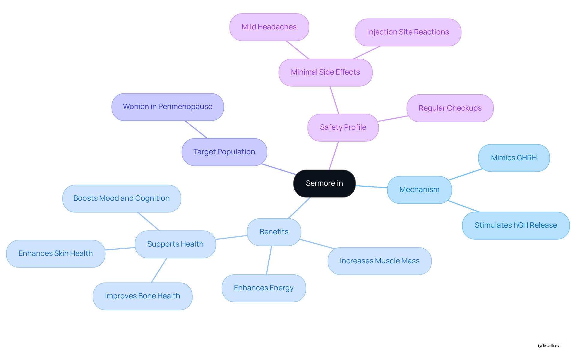 The center shows Sermorelin, and the branches illustrate how it works, who benefits, and its safety. Each branch connects to related ideas, making it easy to see the full picture of this treatment.