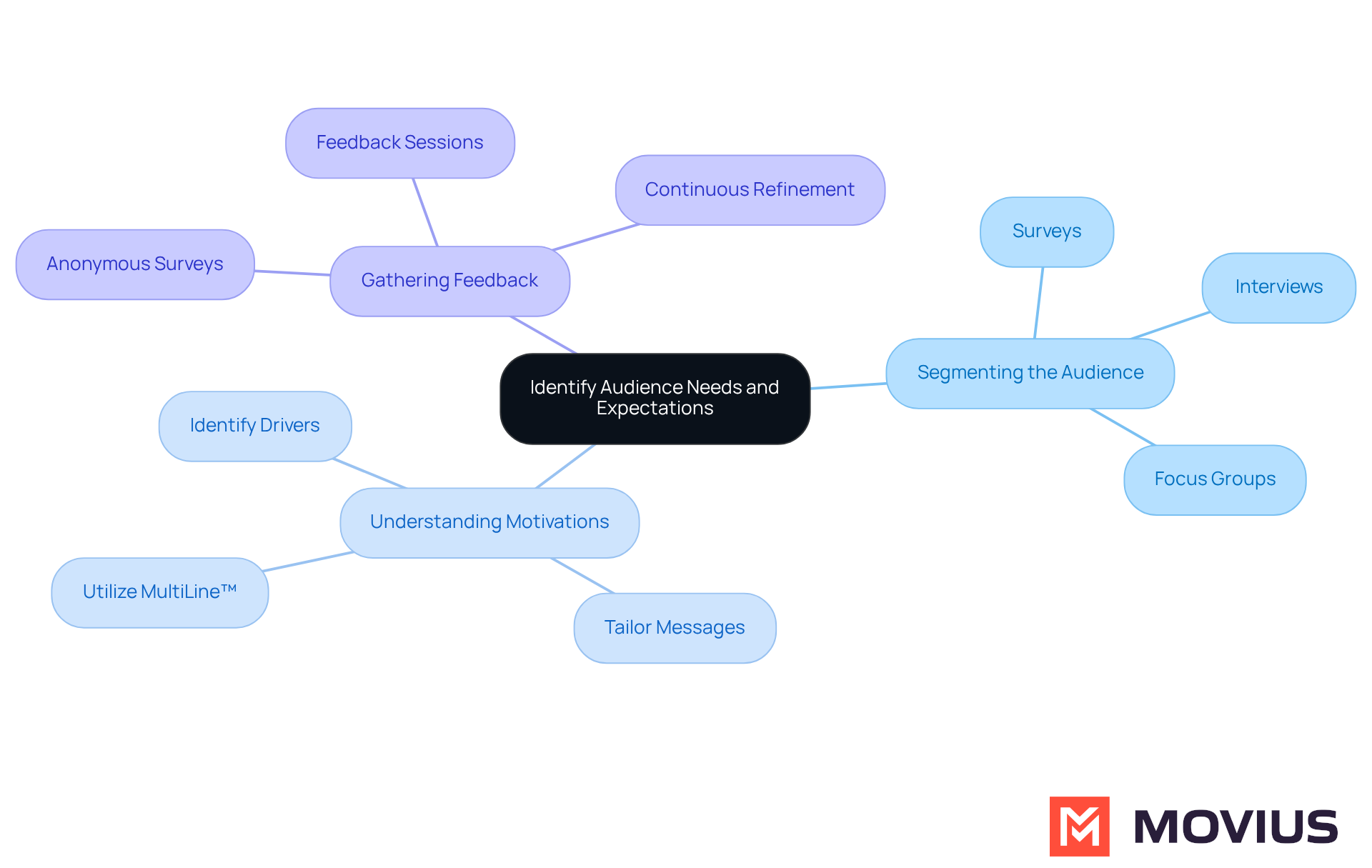 The central node represents the main focus of identifying audience needs. Each branch shows a different strategy for understanding the audience, with further details on how to implement these strategies. Follow the branches to explore how each aspect contributes to effective messaging.
