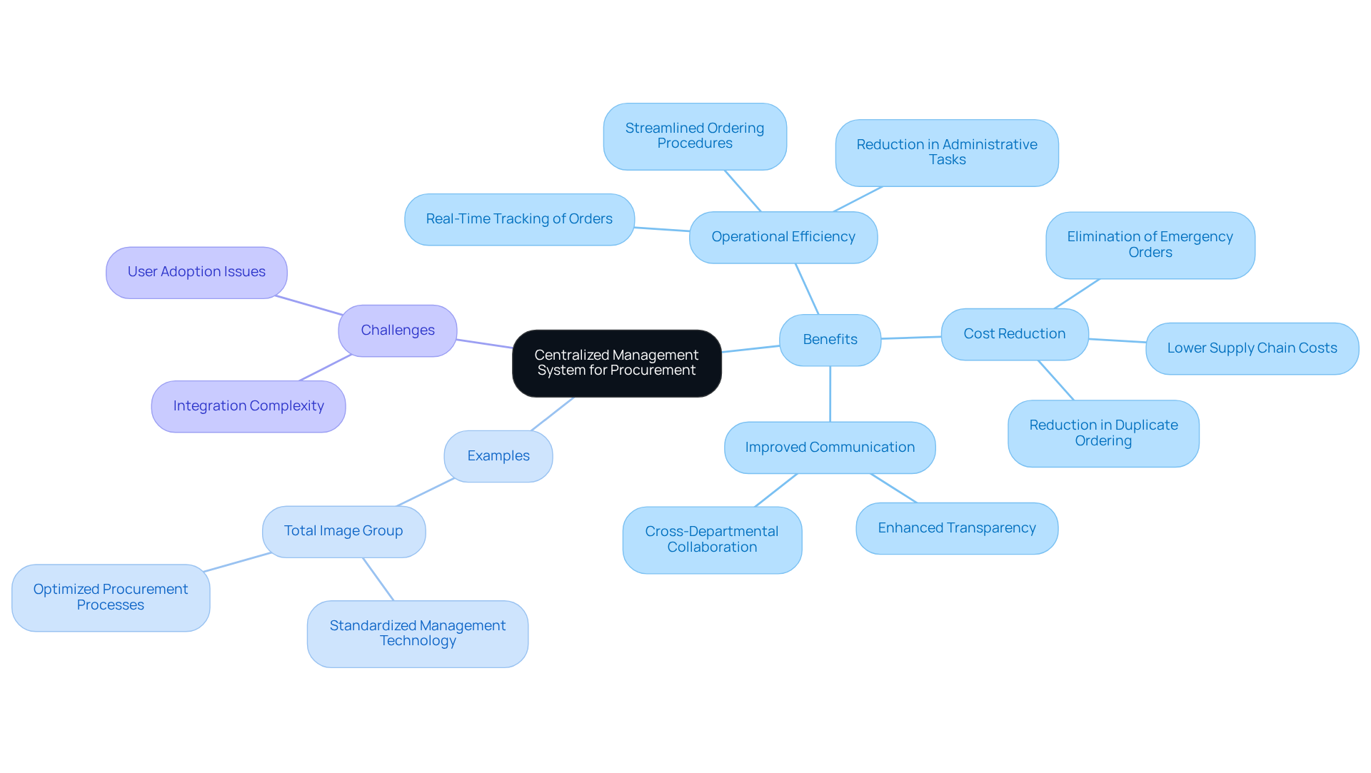 Start at the center with the main concept, then follow the branches to explore benefits, real-world examples, and potential challenges associated with a centralized procurement system.