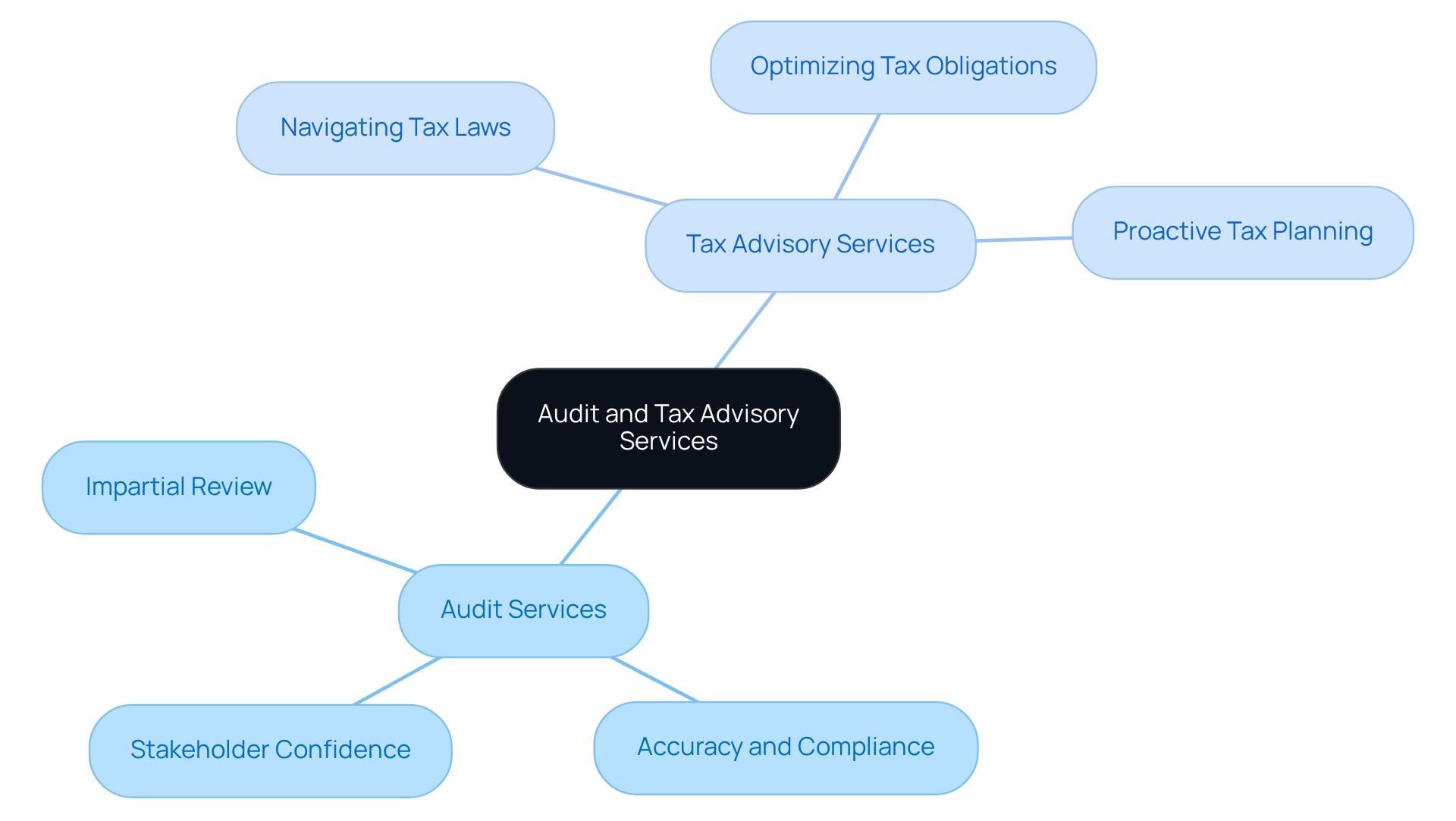 The central node represents the main topic, while the branches show the two types of services. Each sub-branch highlights key aspects and benefits, helping you understand how these services contribute to financial health and compliance. The central node represents the main topic, while the branches show the two types of services. Each sub-branch highlights key aspects and benefits, helping you understand how these services contribute to financial health and compliance.