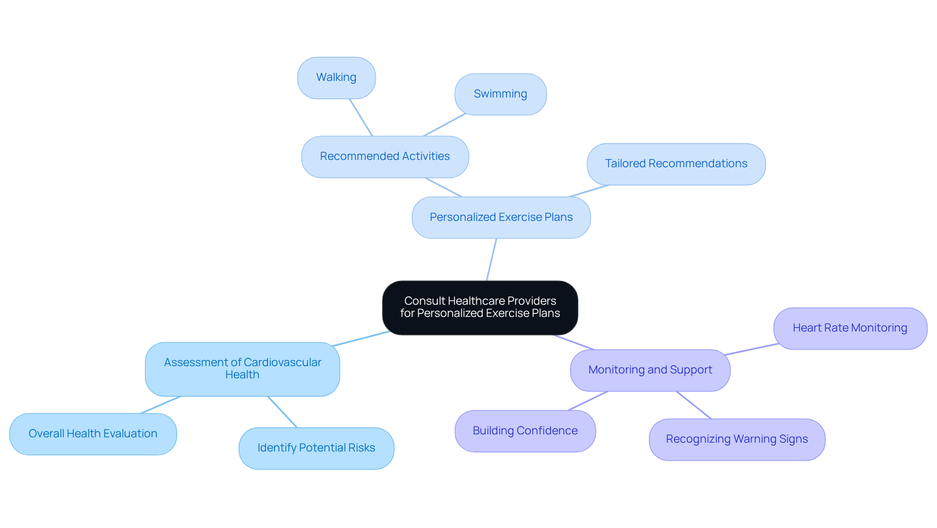 The center represents the importance of consulting healthcare providers. Each branch shows different aspects of creating a personalized exercise plan, including assessments, recommended activities, and ongoing support. The center represents the importance of consulting healthcare providers. Each branch shows different aspects of creating a personalized exercise plan, including assessments, recommended activities, and ongoing support.