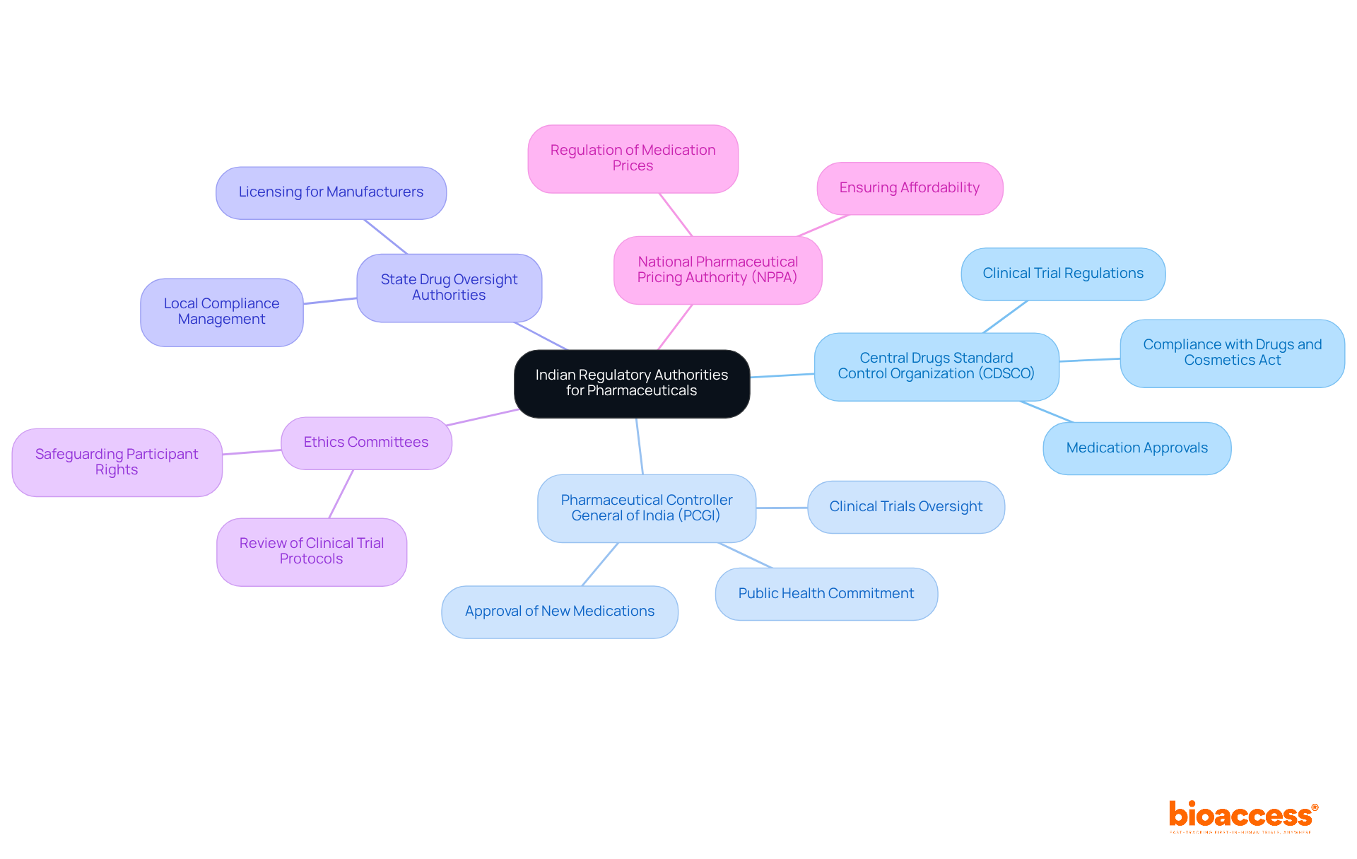 The central node represents the main topic of regulatory authorities, while each branch shows a specific authority and its functions. The sub-branches provide additional details about what each authority does, helping you understand their roles in the pharmaceutical industry.
