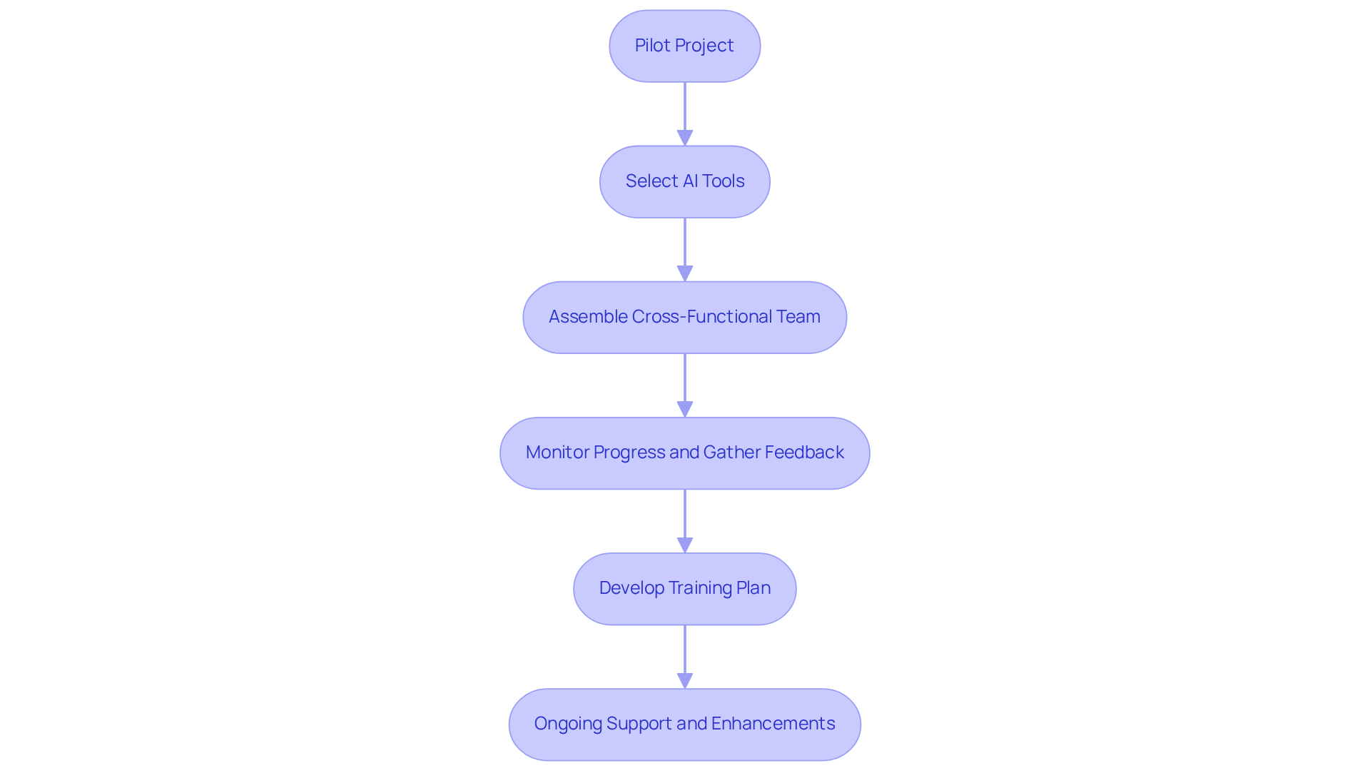 Each box represents a step in your AI implementation journey, guiding you from the initial pilot project all the way through to ongoing support, ensuring that you understand how to move from one phase to the next.