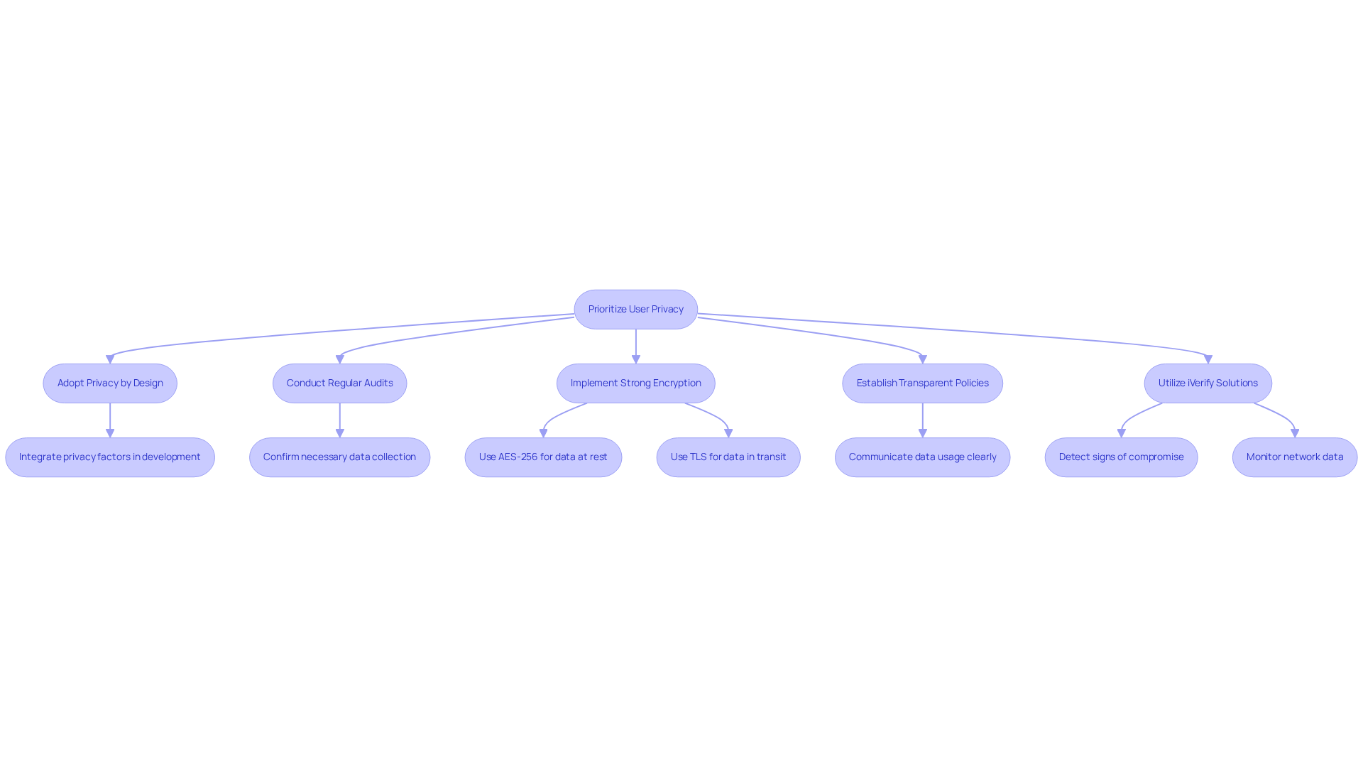 Follow the arrows to see how each strategy contributes to prioritizing user privacy. Each box represents a key action or consideration in the process, helping you understand how they all connect.