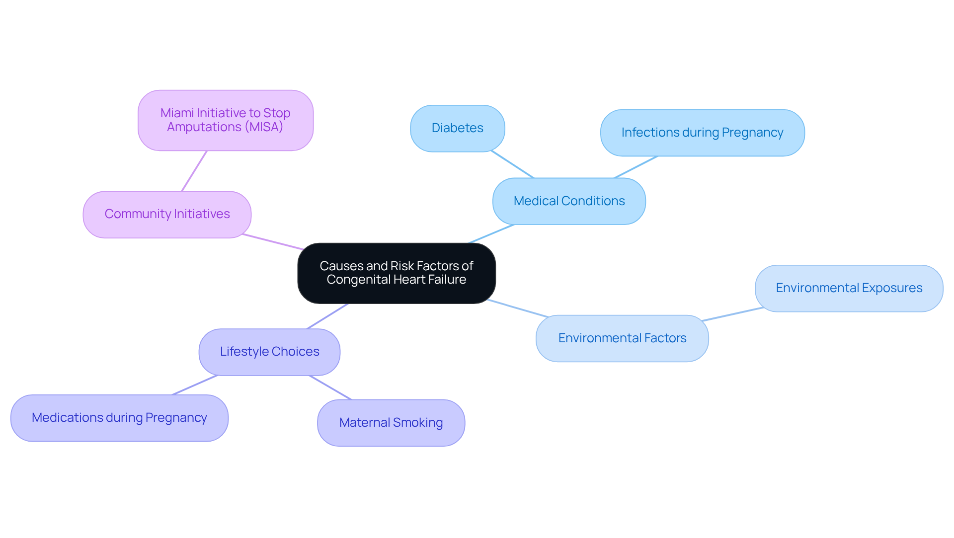 This mindmap starts with congenital heart failure at the center. Each branch represents a different category of risk factors, helping you see how various elements contribute to the overall risk. Follow the branches to explore specific conditions and initiatives that can impact heart health.