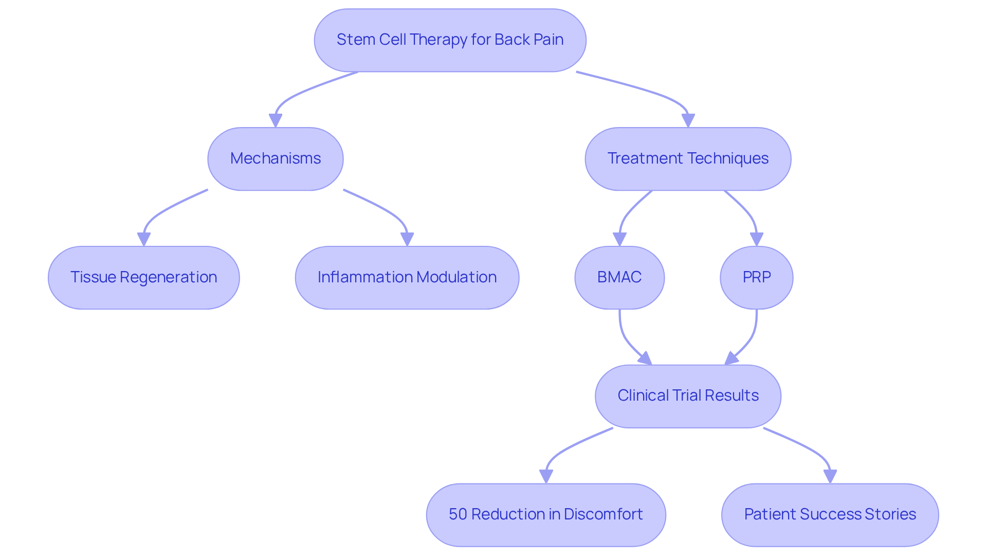 This flowchart illustrates the journey of stem cell therapy for back pain. Start at the top with the main therapy, then follow the branches to see how it works and the techniques used. Each step shows how patients can experience relief and success.