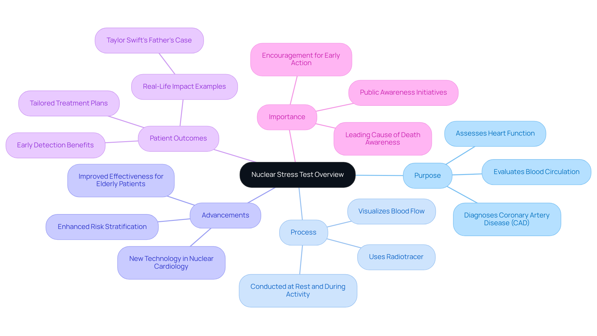 The central node represents the nuclear stress test, while the branches show its various aspects. Each branch provides insights into why this test is important and how it impacts patient care.