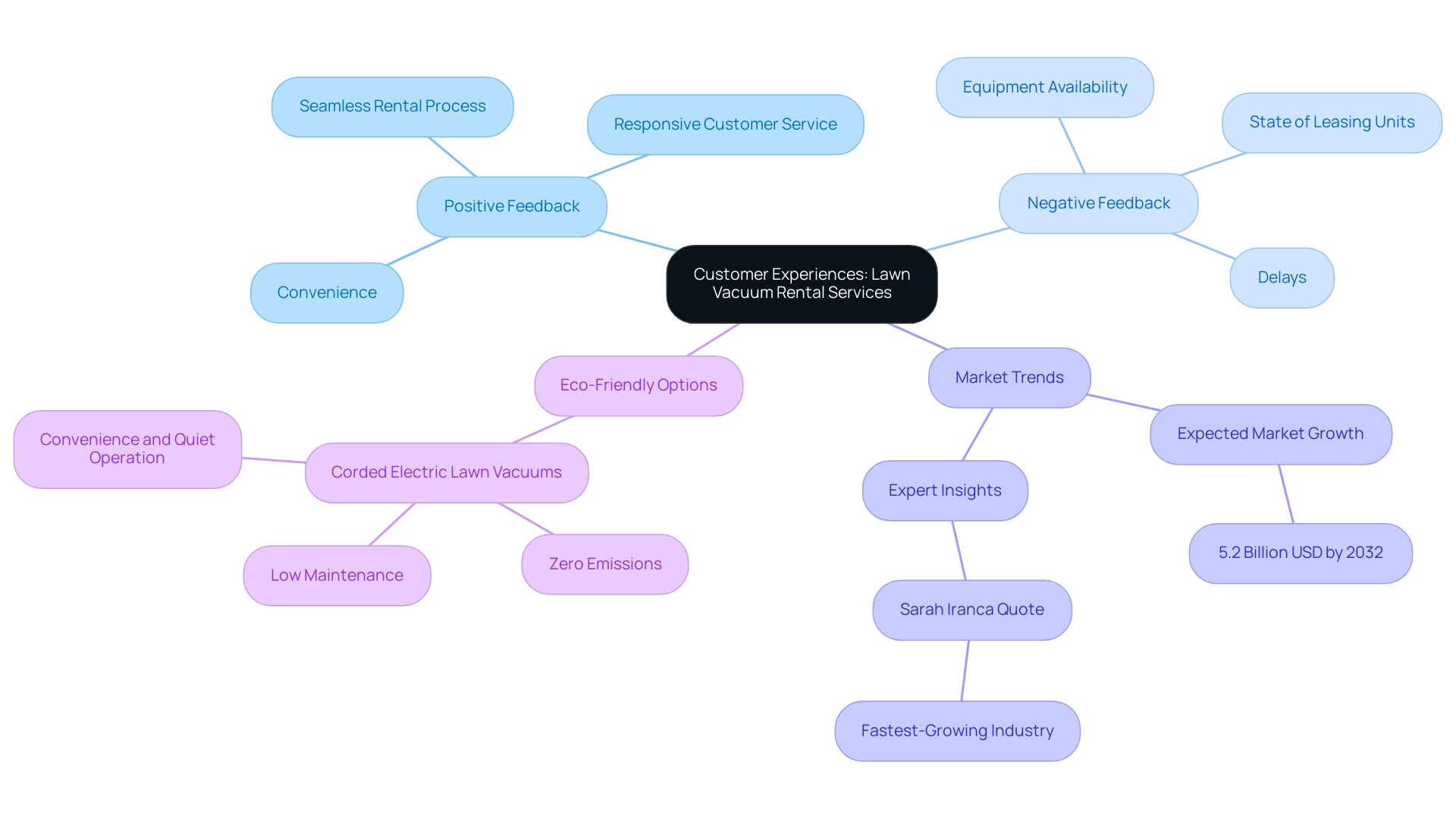 The central node represents overall customer experiences, with branches illustrating positive and negative feedback, market trends, and eco-friendly options.