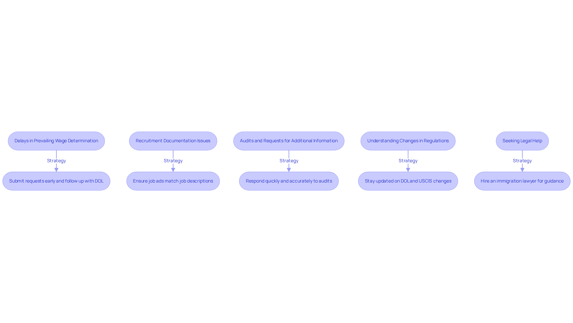 Each box represents a challenge you might face during the PERM application process. The arrows lead you to strategies that can help you overcome these challenges, making it easier to understand how to navigate the process effectively.