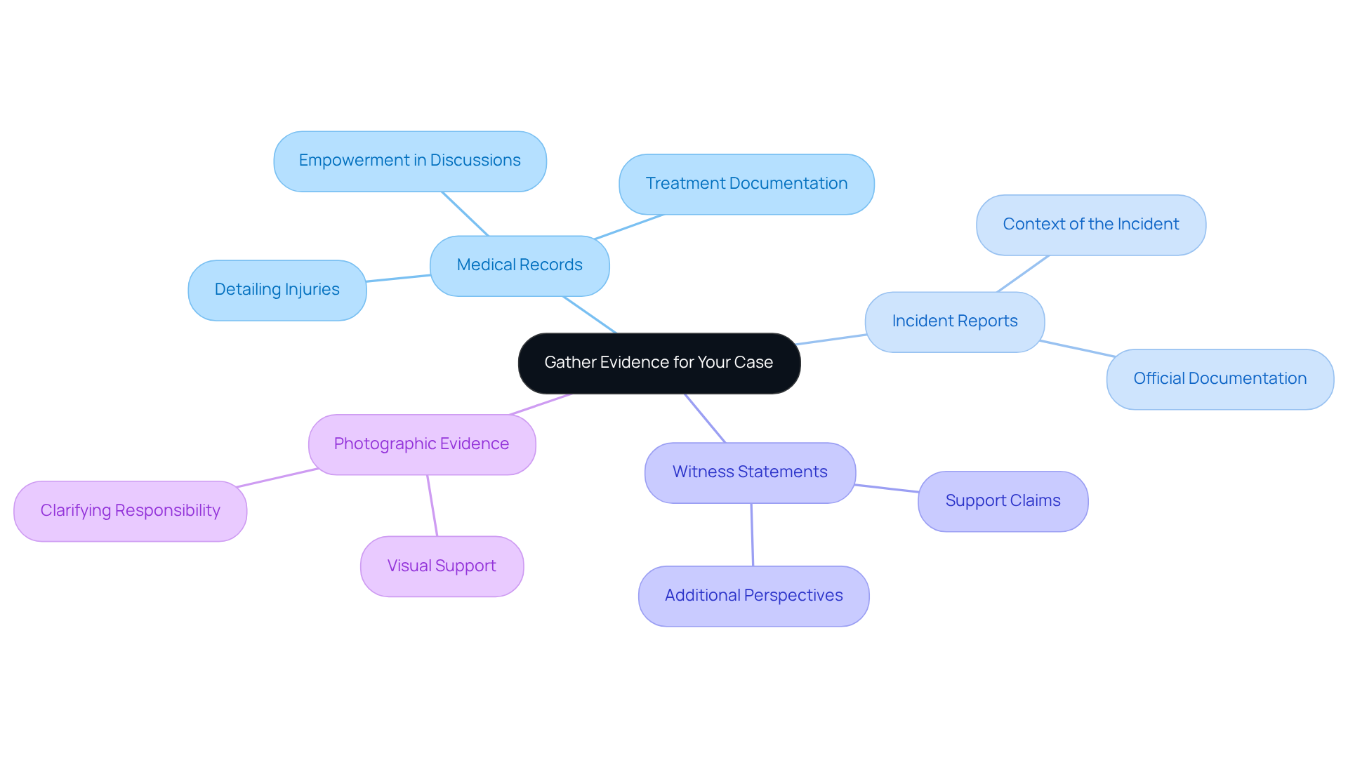 This mindmap shows the key types of evidence you need to collect for your case. Each branch represents a different category of evidence, and you can explore the details under each one to understand how they contribute to building your case. This mindmap shows the key types of evidence you need to collect for your case. Each branch represents a different category of evidence, and you can explore the details under each one to understand how they contribute to building your case.