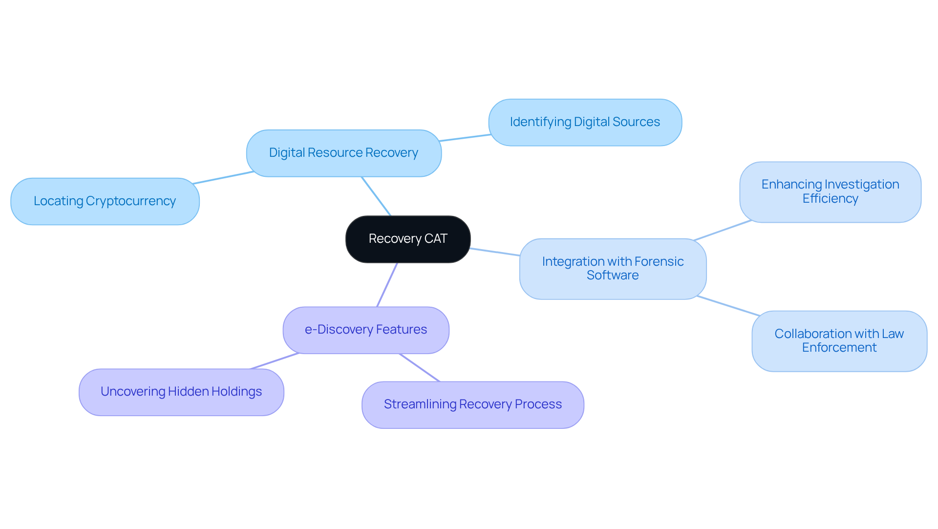The central node represents the Recovery CAT tool, while the branches show its main features and how they contribute to effective cryptocurrency recovery.