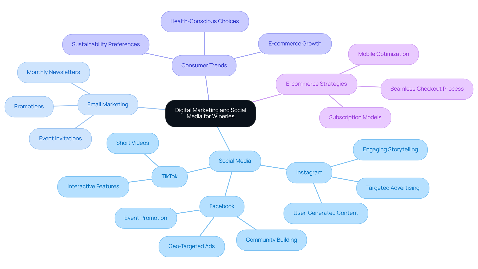 The central node represents the overall theme, while branches illustrate various strategies and tactics. Each color-coded section helps you easily identify different aspects of marketing for wineries.