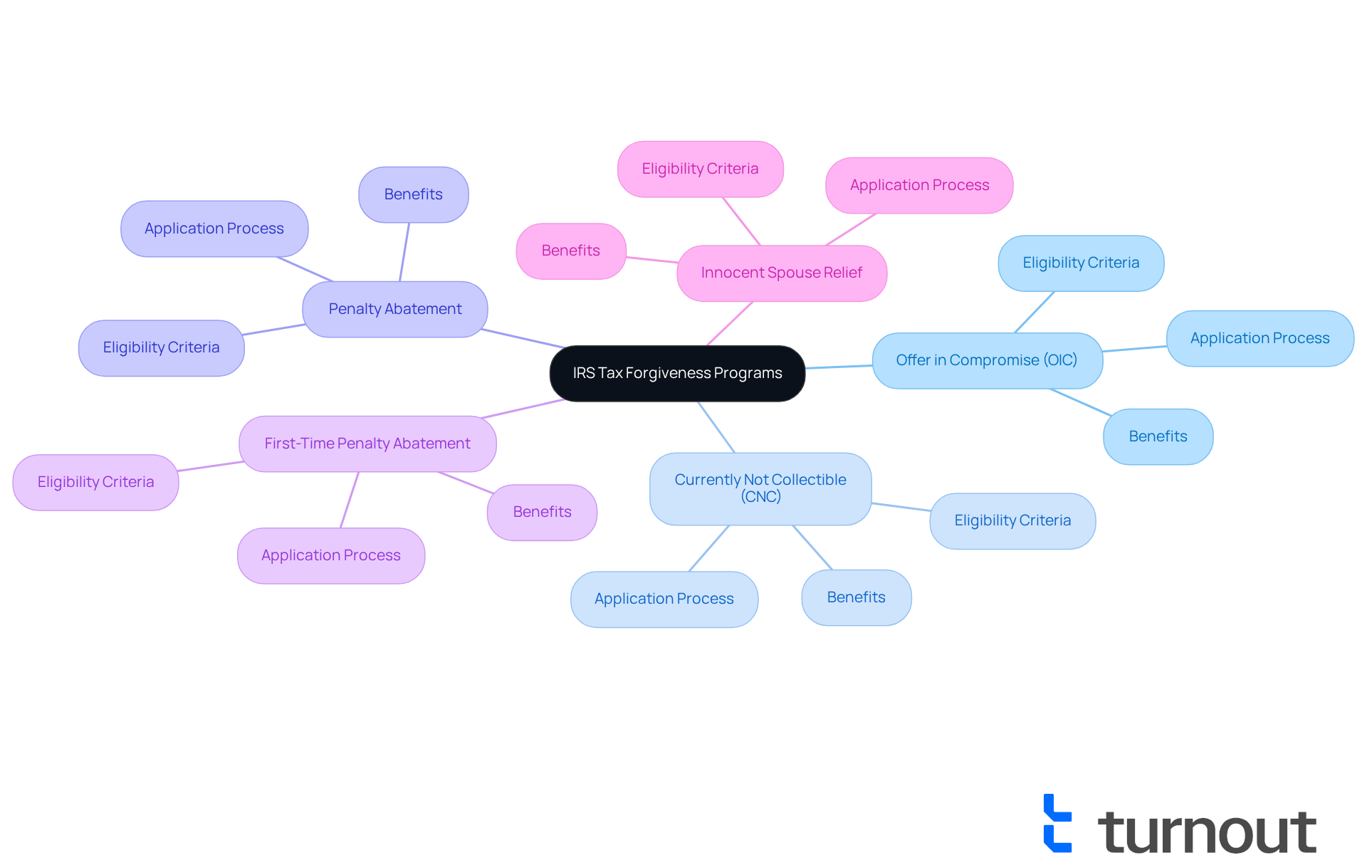 The center node represents the main theme, while each branch details a specific forgiveness program. The further subpoints highlight the key features and eligibility criteria, making it easy to navigate through your options. The center node represents the main theme, while each branch details a specific forgiveness program. The further subpoints highlight the key features and eligibility criteria, making it easy to navigate through your options.