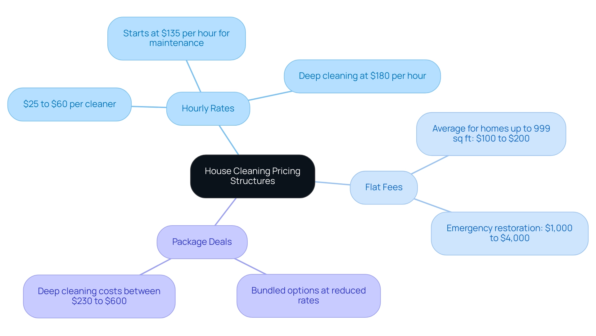 The central node represents the general topic, while each branch represents a different pricing model, with sub-branches providing specific cost details.