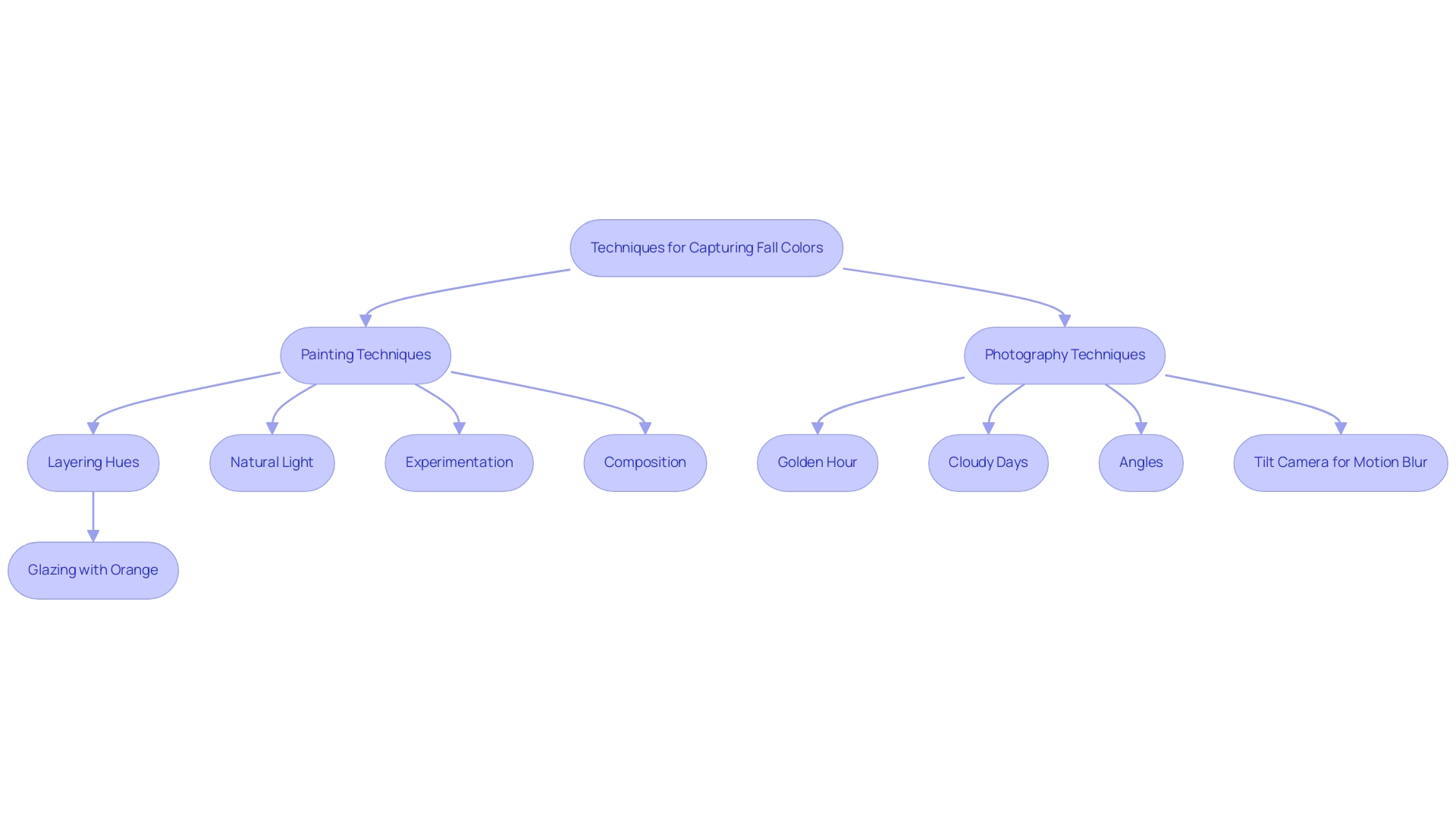 Warm colors represent painting techniques, while cool colors represent photography techniques. Each box highlights specific methods or insights.