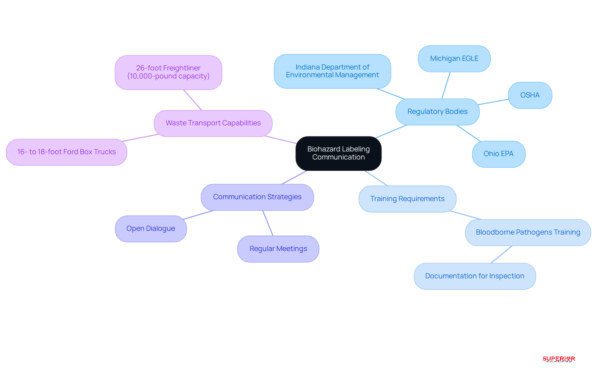This mindmap starts with the main topic of biohazard labeling and branches out into important areas like regulations, training, communication, and transport. Each branch shows how these elements connect to ensure safety and compliance in handling biohazard materials.