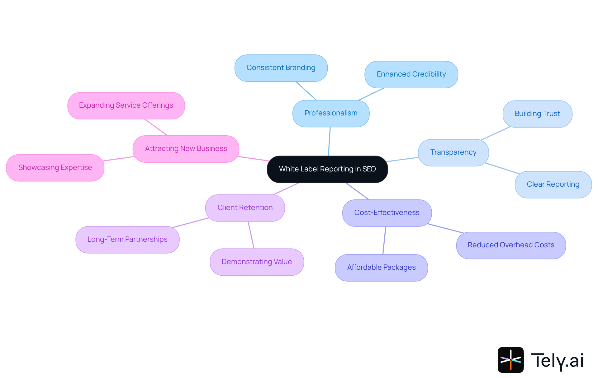 Start at the center with white label reporting, then follow the branches to explore its various benefits for agencies and their client relationships.