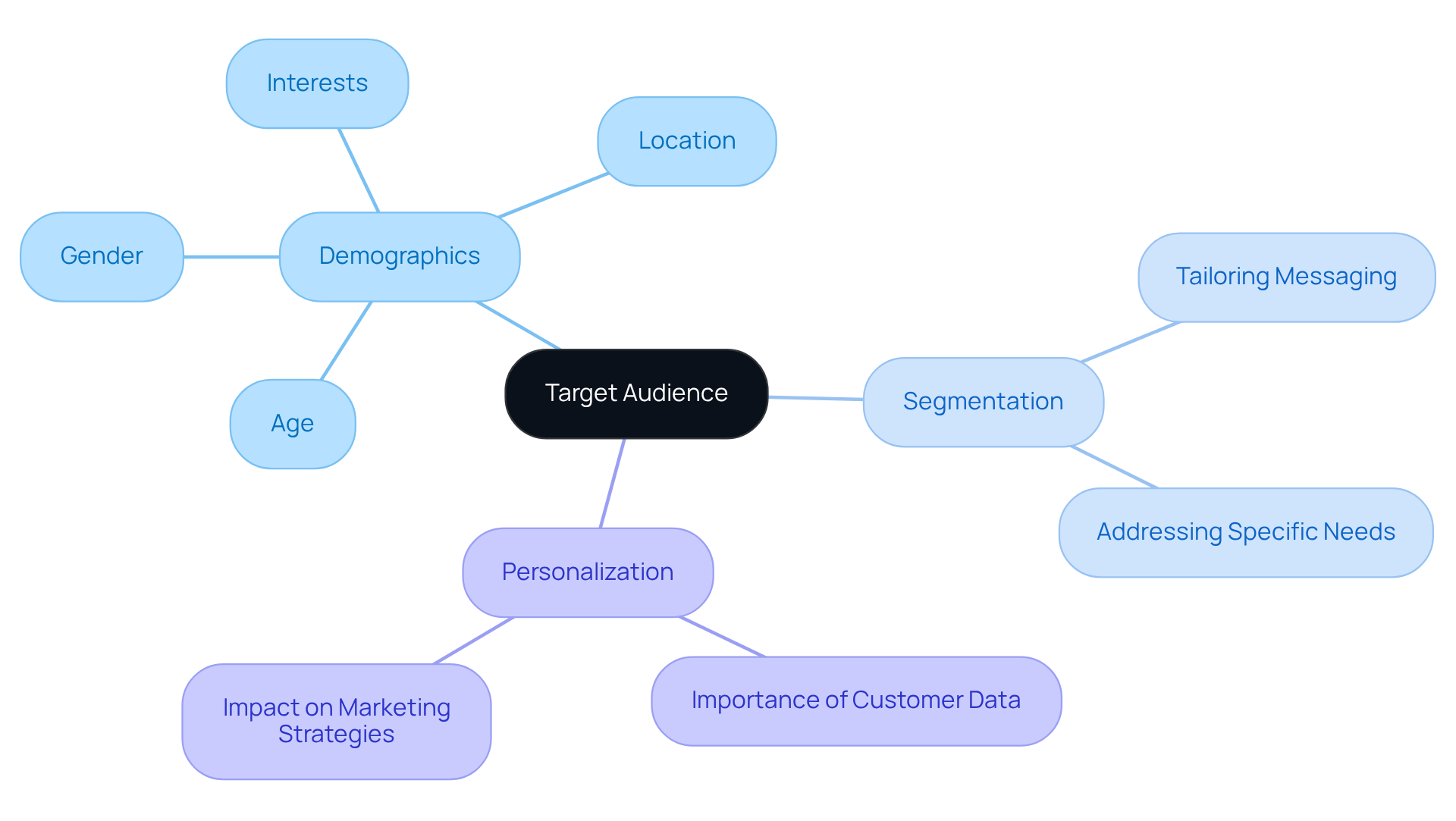 The central node represents the overall concept of your target audience, while the branches show different aspects to consider, helping you visualize how to connect with your customers effectively.