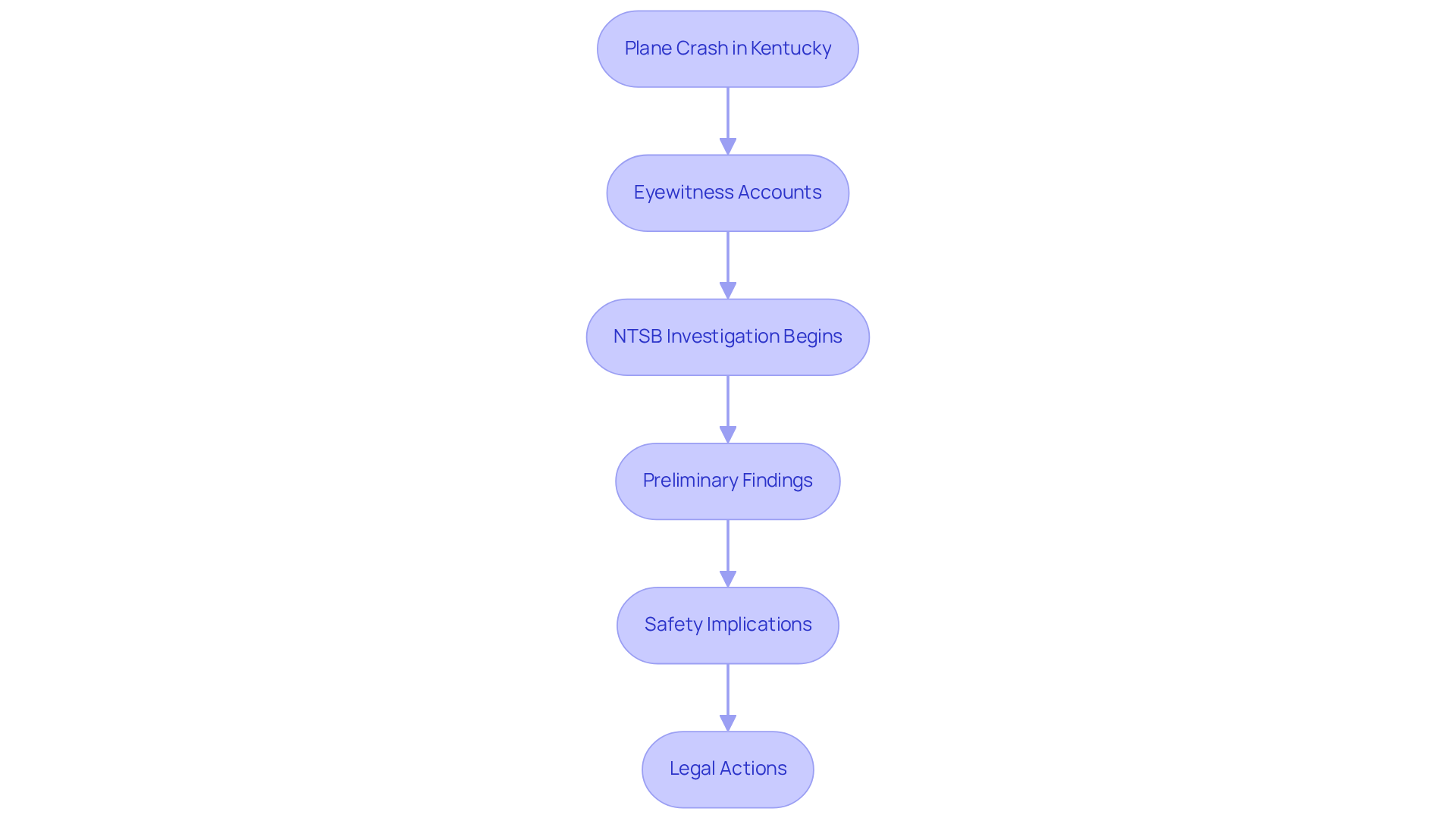 This flowchart outlines the sequence of events following the plane crash. Start at the top with the crash, then follow the arrows to see how the investigation unfolds and what actions those affected should take. This flowchart outlines the sequence of events following the plane crash. Start at the top with the crash, then follow the arrows to see how the investigation unfolds and what actions those affected should take.