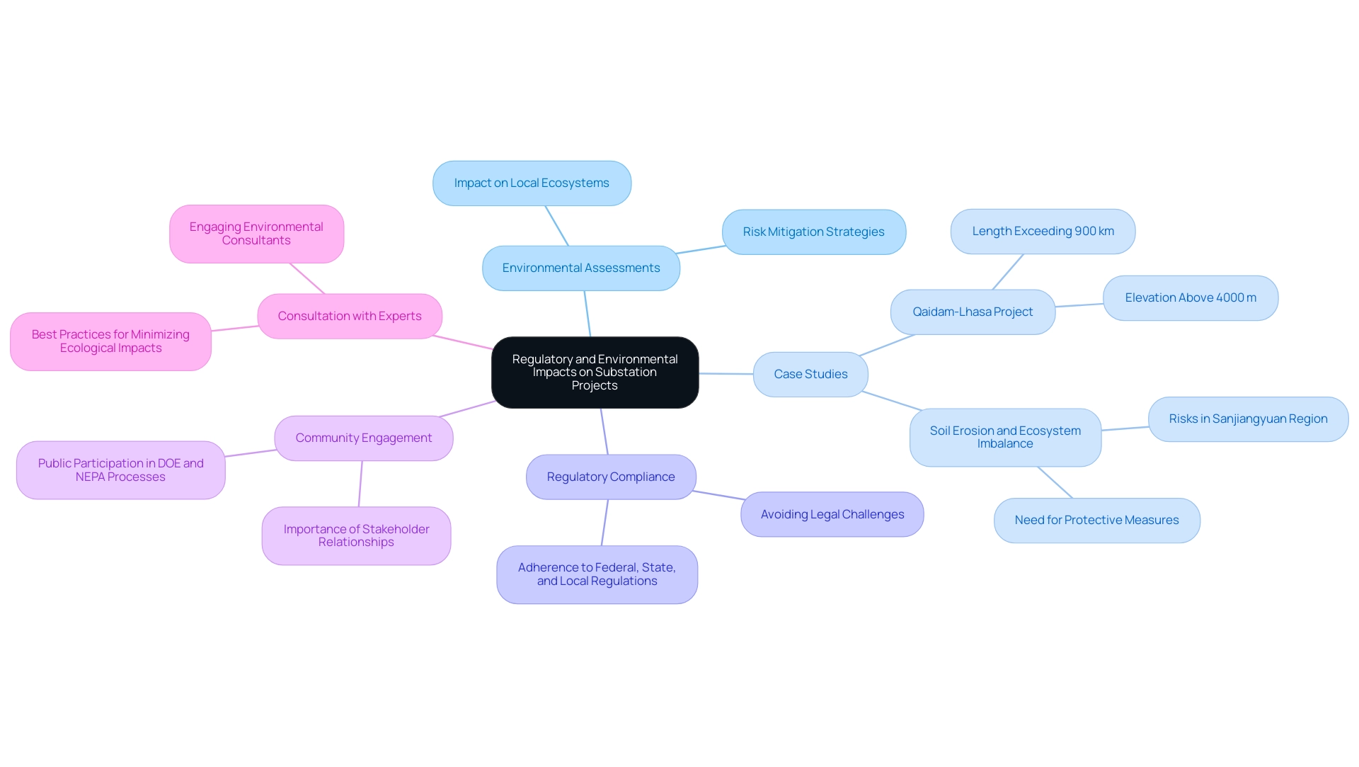 The central node represents the overall theme, with branches indicating major topics such as assessments, compliance, and community engagement.