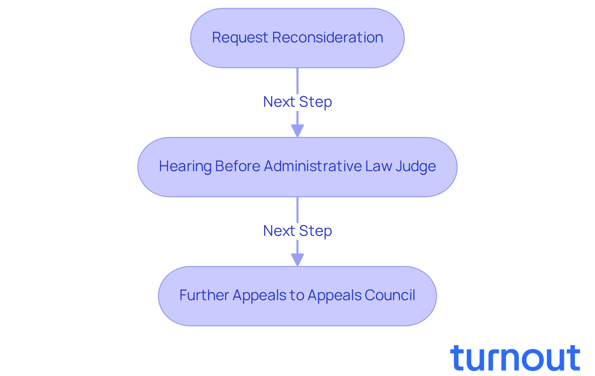 Each box represents a step in the appeals process. Follow the arrows to see how to navigate from one step to the next after your application is denied.