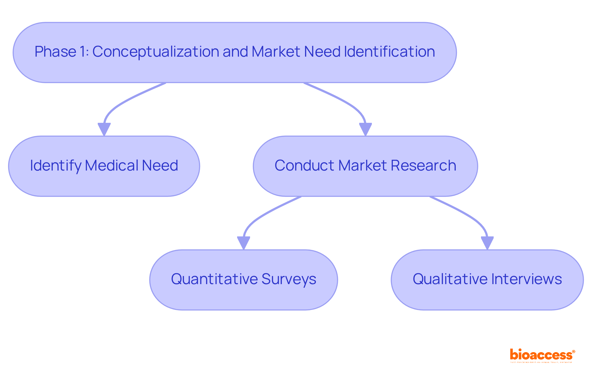 This flowchart outlines the steps in the first phase of product development. Start with identifying the medical need, then move to market research strategies, which include surveys and interviews. Each step is crucial for shaping the final product.