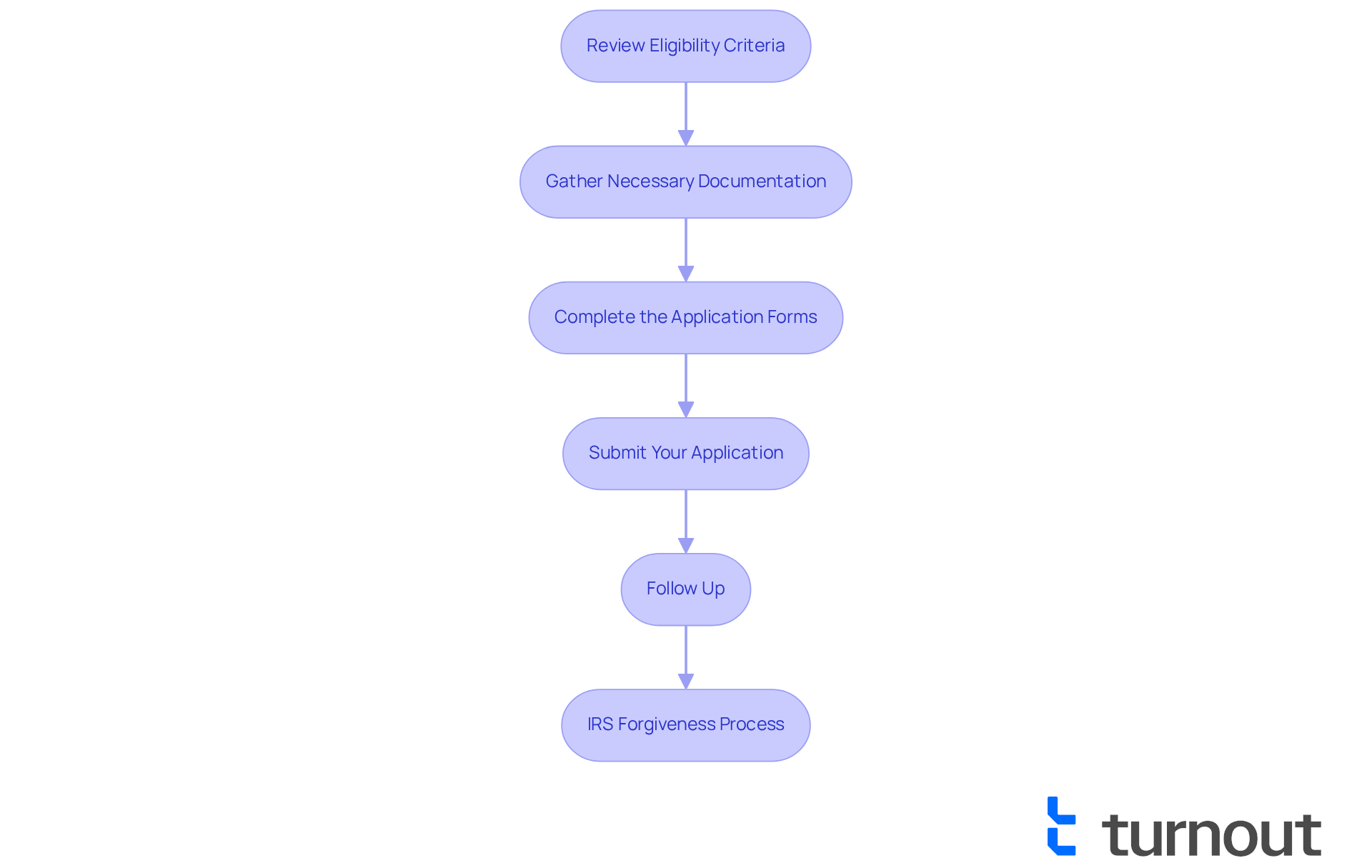Each box represents a critical step in the process of applying for tax debt forgiveness. Follow the arrows to understand the order in which these steps should be completed. Each box represents a critical step in the process of applying for tax debt forgiveness. Follow the arrows to understand the order in which these steps should be completed.