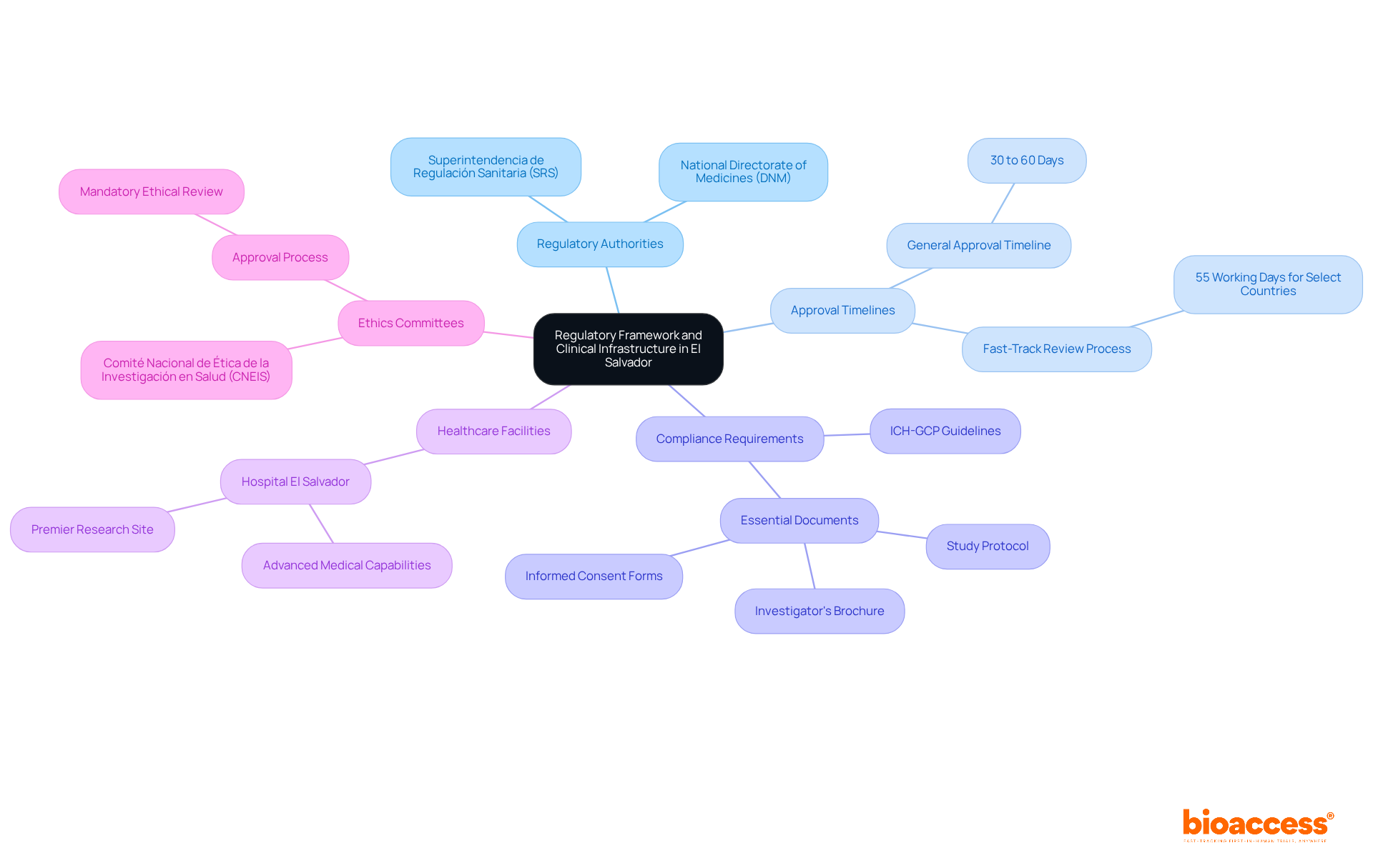 This mindmap starts with the main topic in the center and branches out to show key components of the regulatory landscape. Each branch represents a different aspect of the framework, helping you see how they connect and what details are important for navigating clinical research in El Salvador.