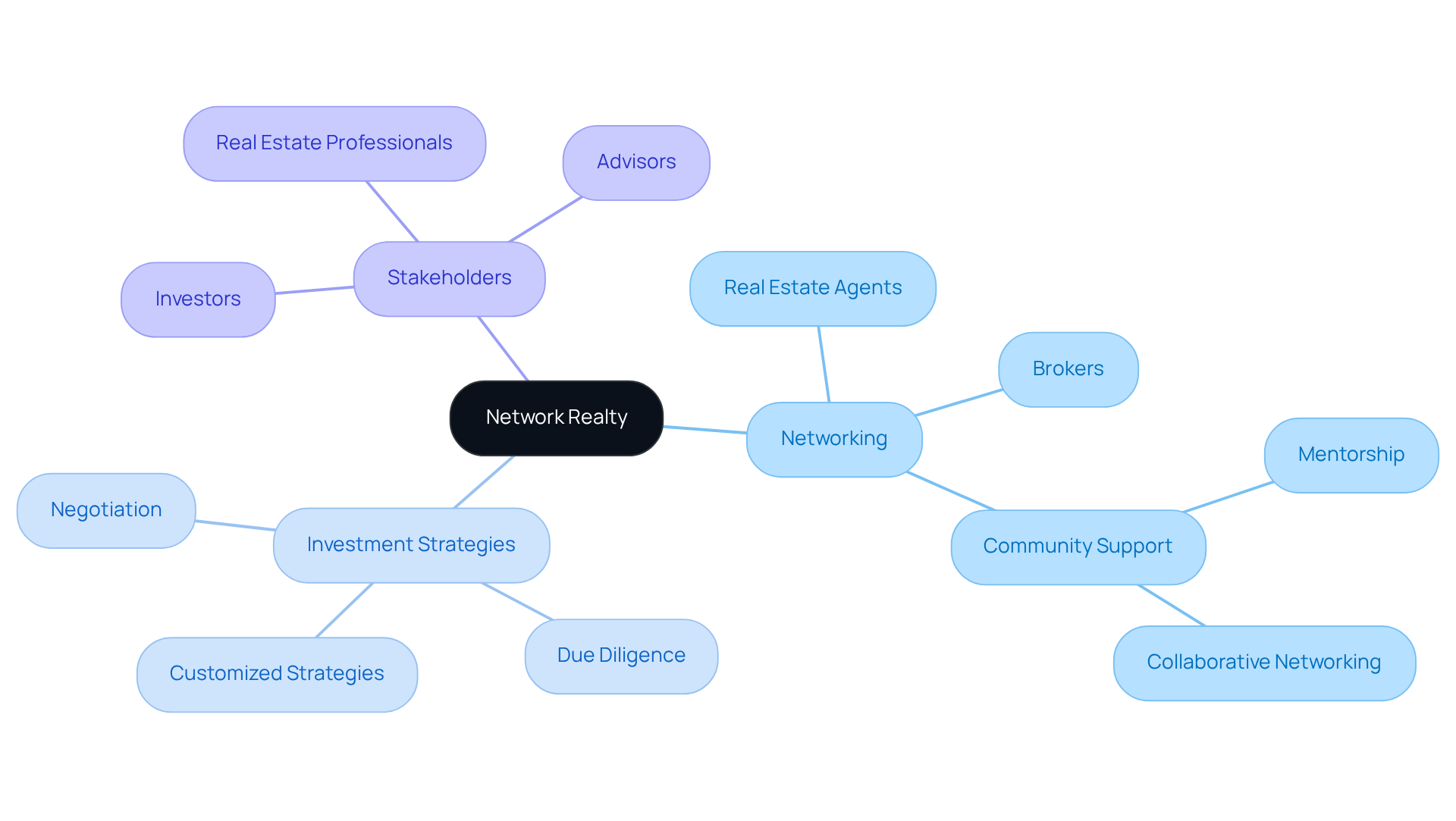 The central node represents Network Realty, while the branches show how networking and investment strategies connect to various stakeholders and their roles in creating opportunities.