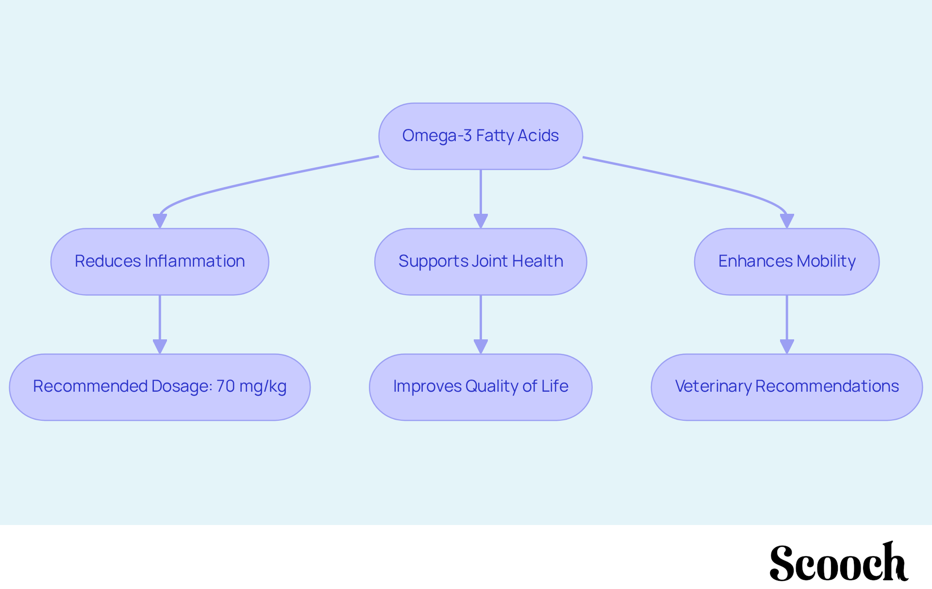 Follow the arrows from omega-3 fatty acids to see how they support joint health and improve your dog's mobility. Each box represents a key benefit or recommendation, guiding you through the importance of omega-3s for your furry friend's well-being.