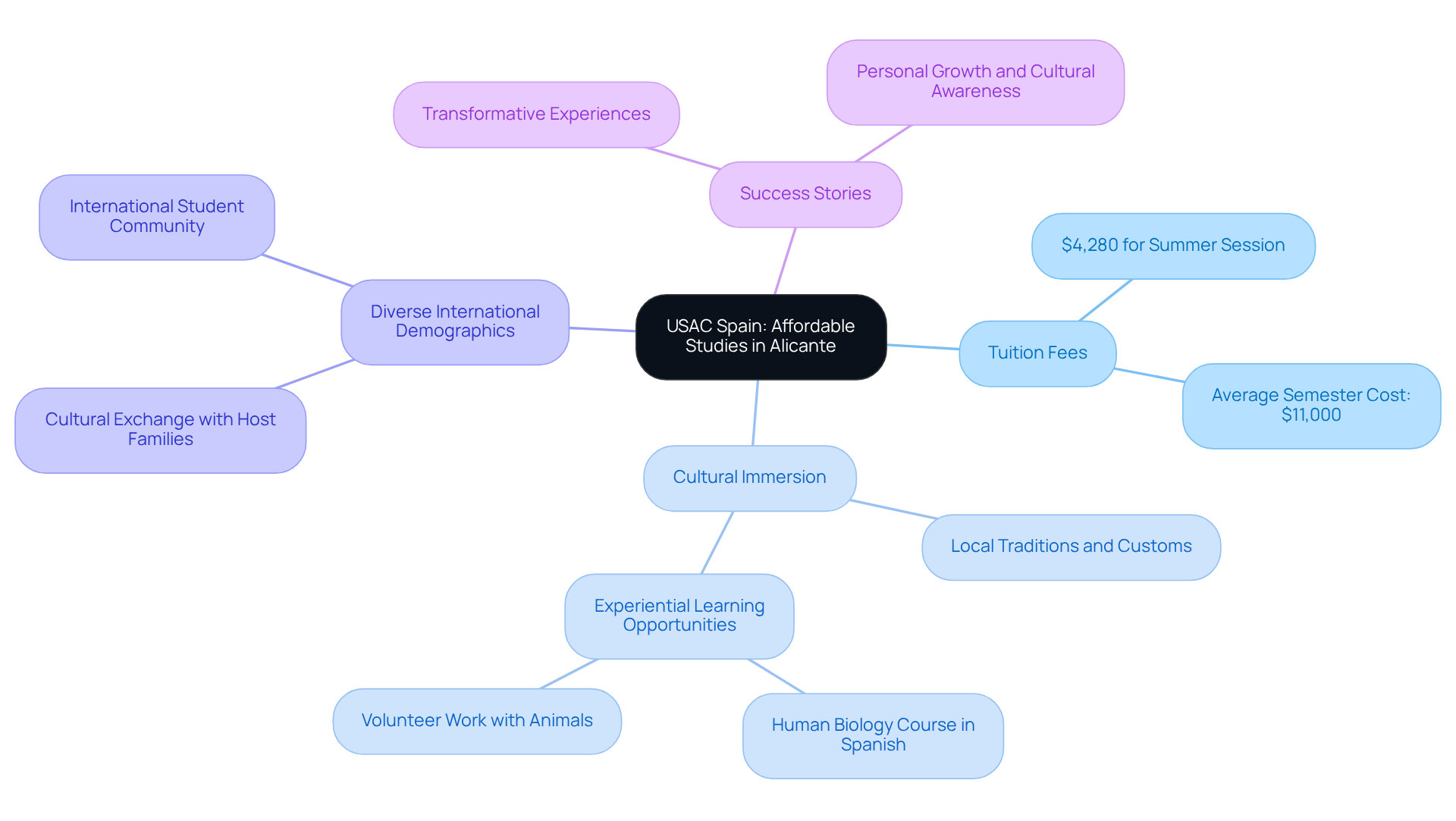 The central idea is the study program in Alicante, and the branches show different aspects of the experience, like costs and cultural opportunities. Each branch gives you a snapshot of what to expect when studying abroad with USAC Spain. The central idea is the study program in Alicante, and the branches show different aspects of the experience, like costs and cultural opportunities. Each branch gives you a snapshot of what to expect when studying abroad with USAC Spain.