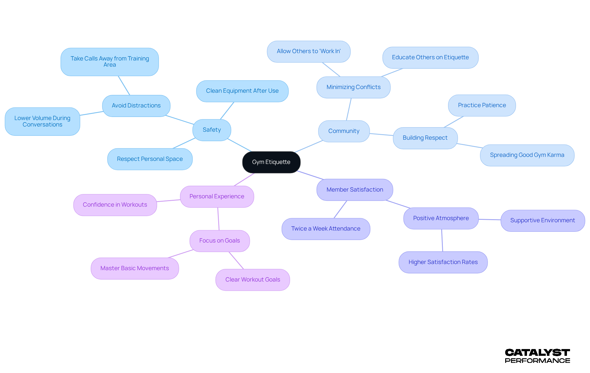 The central idea is gym etiquette, and each branch shows how it relates to safety, community, and personal experiences. Follow the branches to see how these concepts connect and enhance your gym journey.